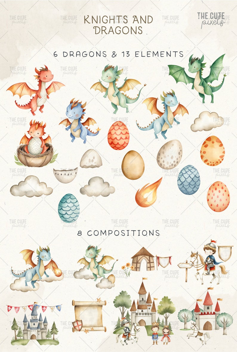 Knight and Dragon Watercolor Clipart, Castle Fairy Tale Dragons King ...