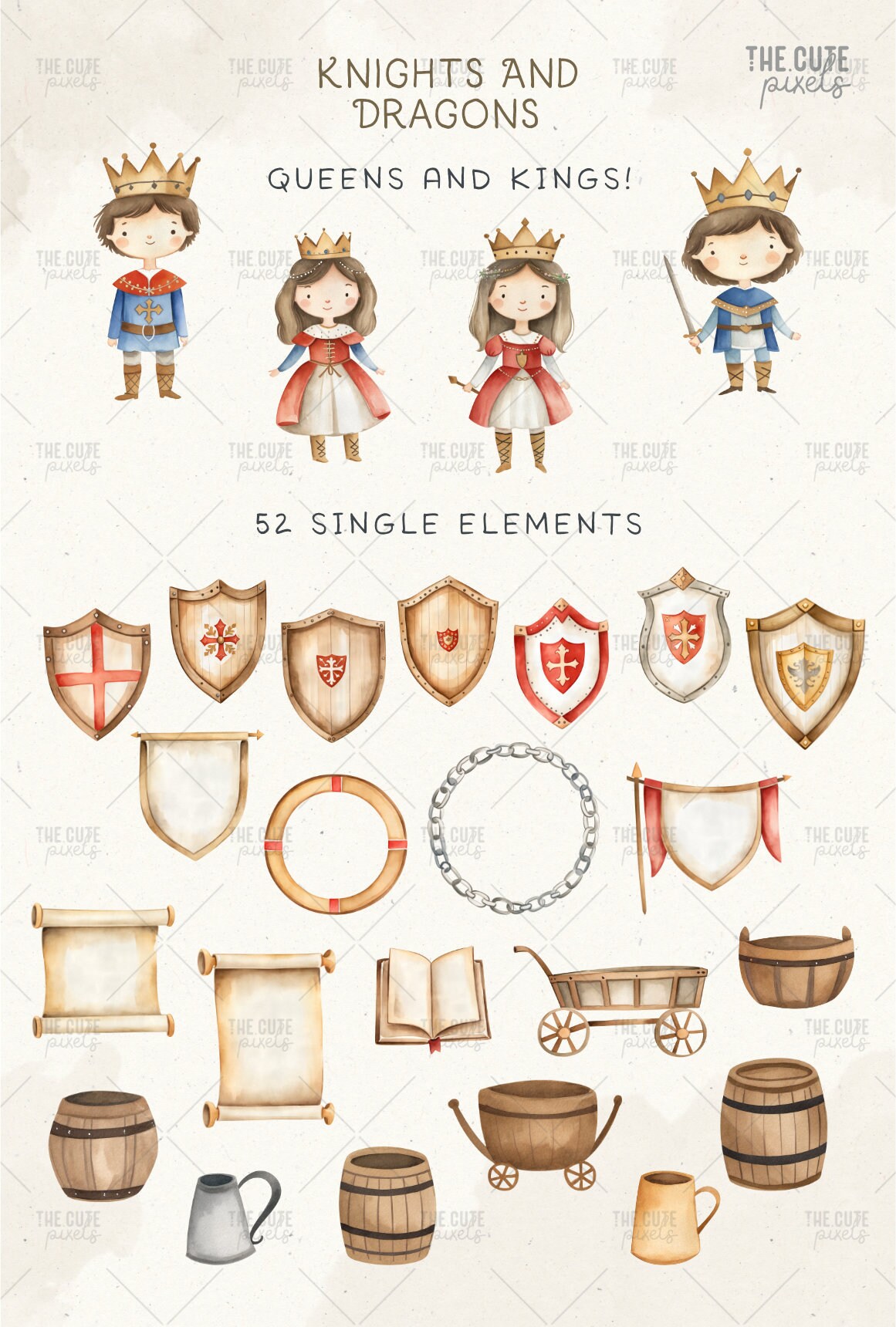 Knight and Dragon Watercolor Clipart, Castle Fairy Tale Dragons King ...