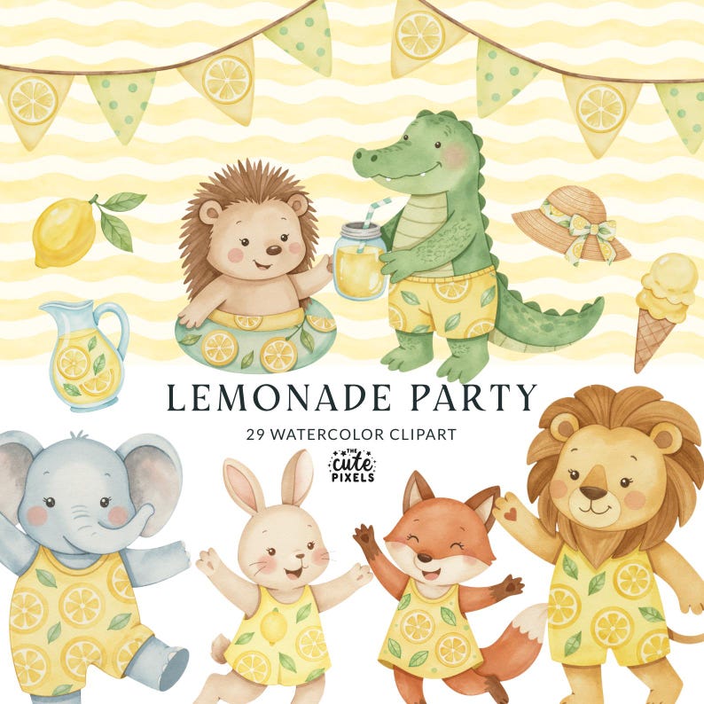 Lemonade Animals Watercolor Clipart, Summer Party PNG (digital Download ...