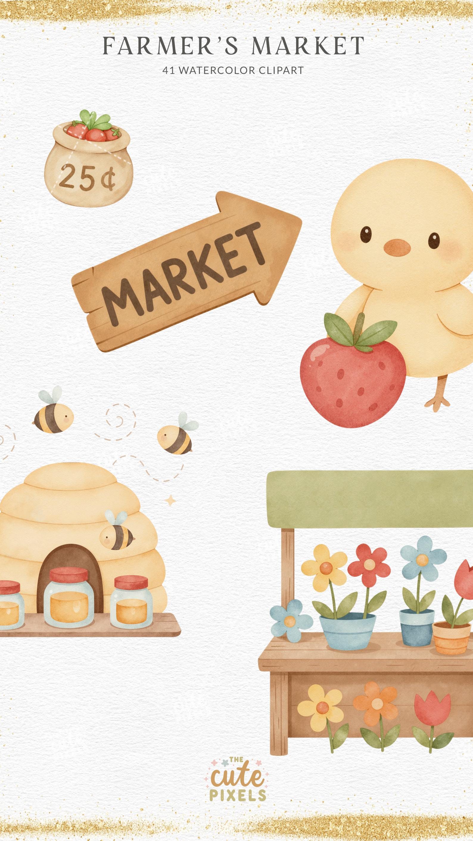 Baby Farmers Market Clipart Bundle, Watercolor Birthday Barn Clipart ...