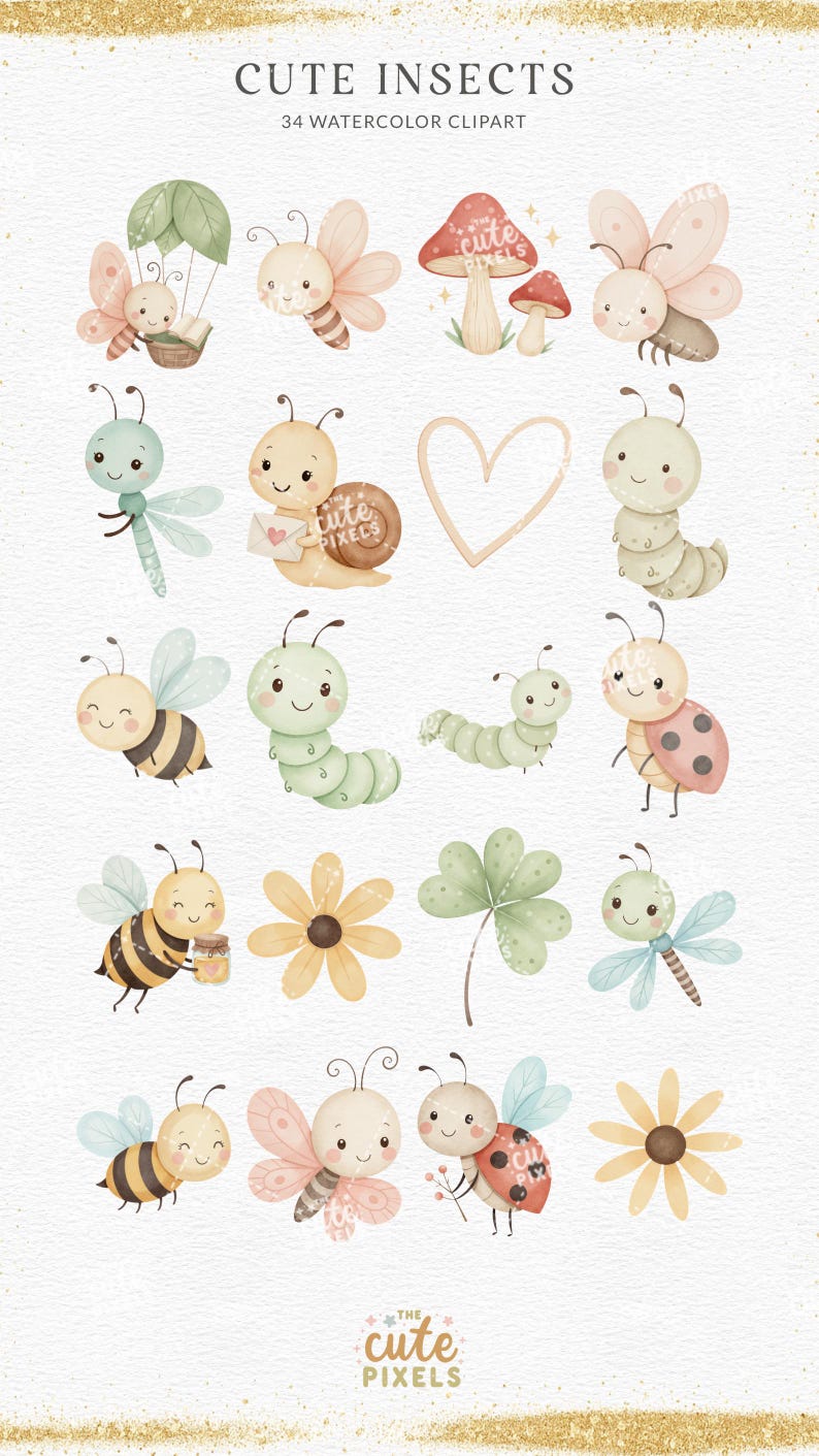 Cute Insects Clipart Bundle, Love Bugs PNG, Spring Garden Creatures ...