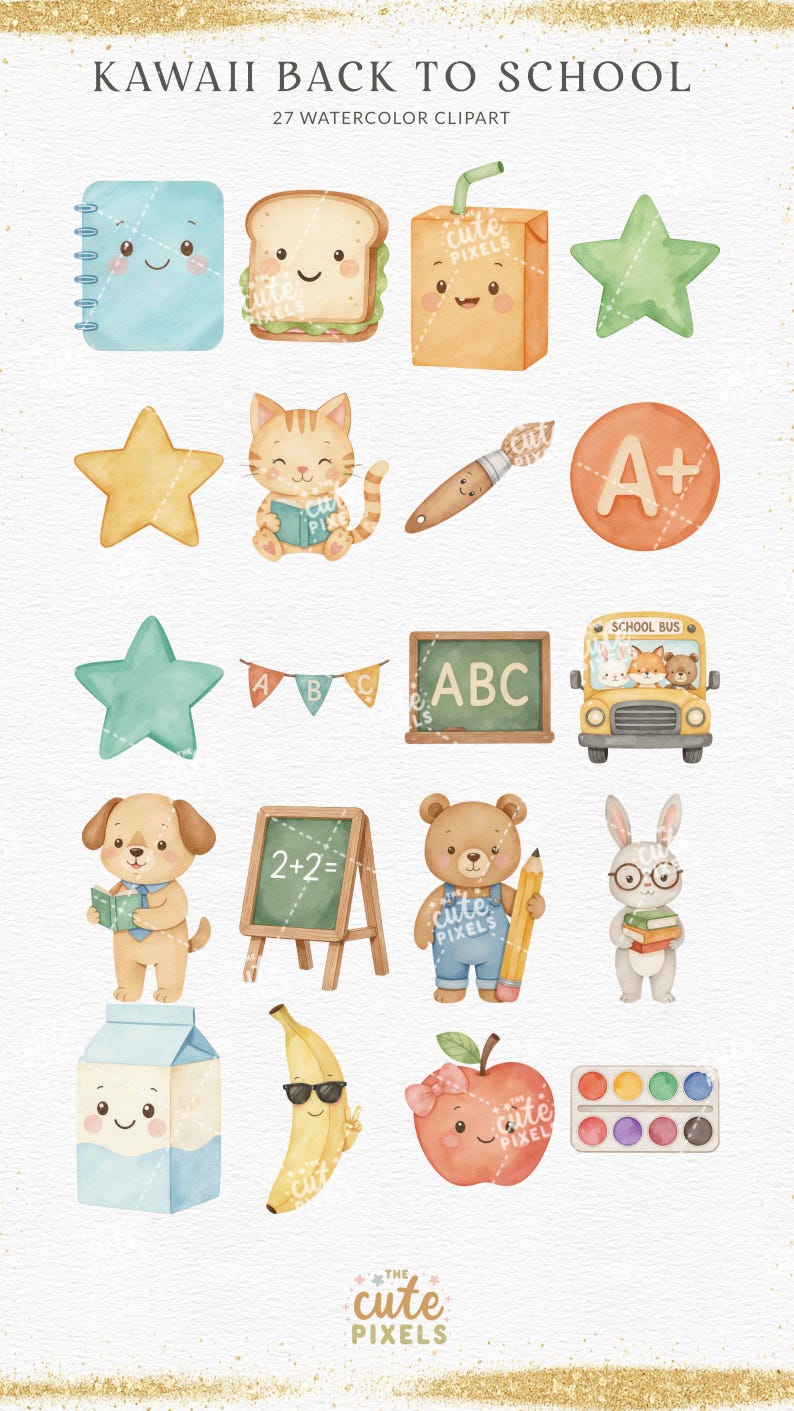 Kawaii School Clipart Bundle, Teacher PNG, School Animals (digital ...