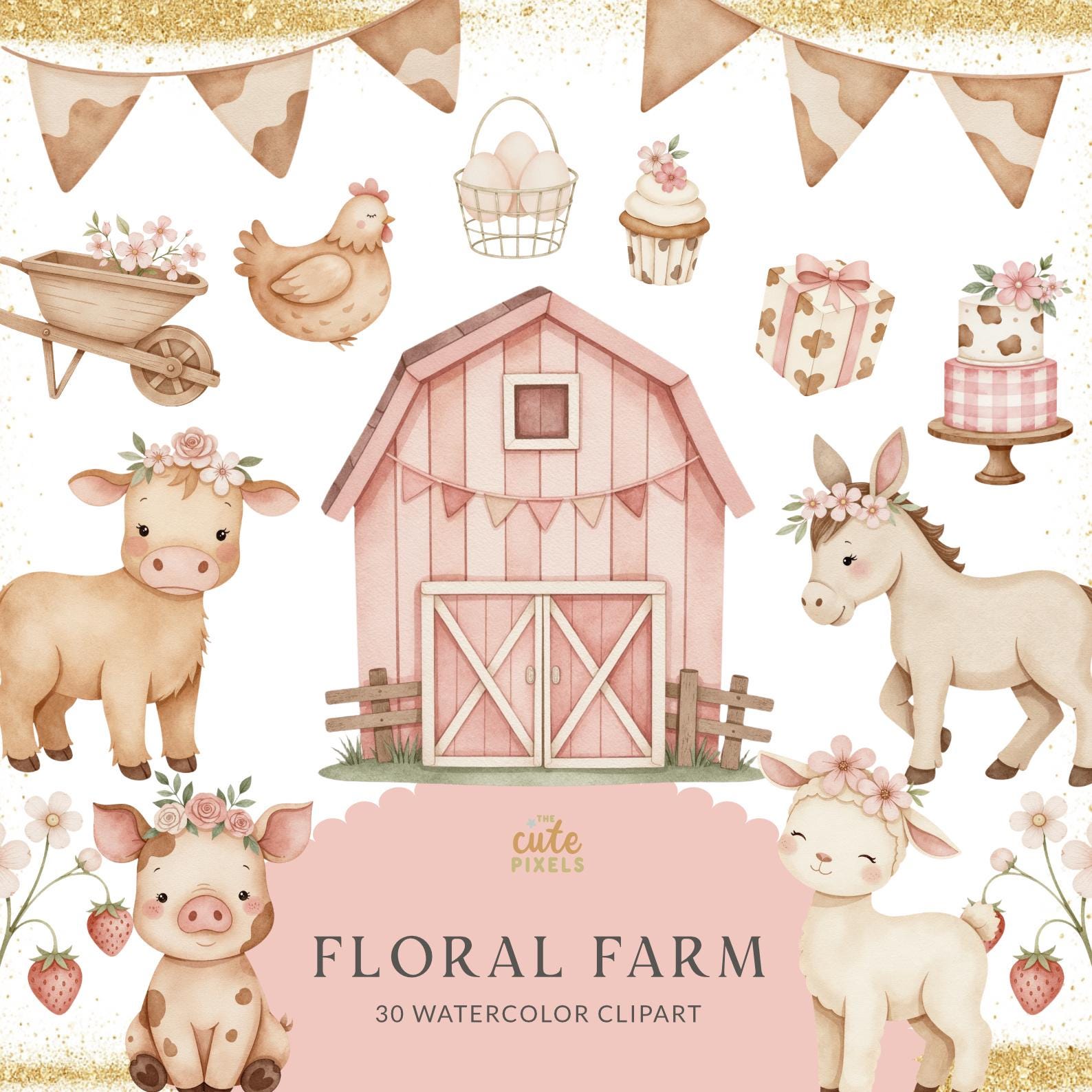 Floral Farm Clipart, Pink Farm Clipart, Cute Farm Animals PNG, Barnyard ...