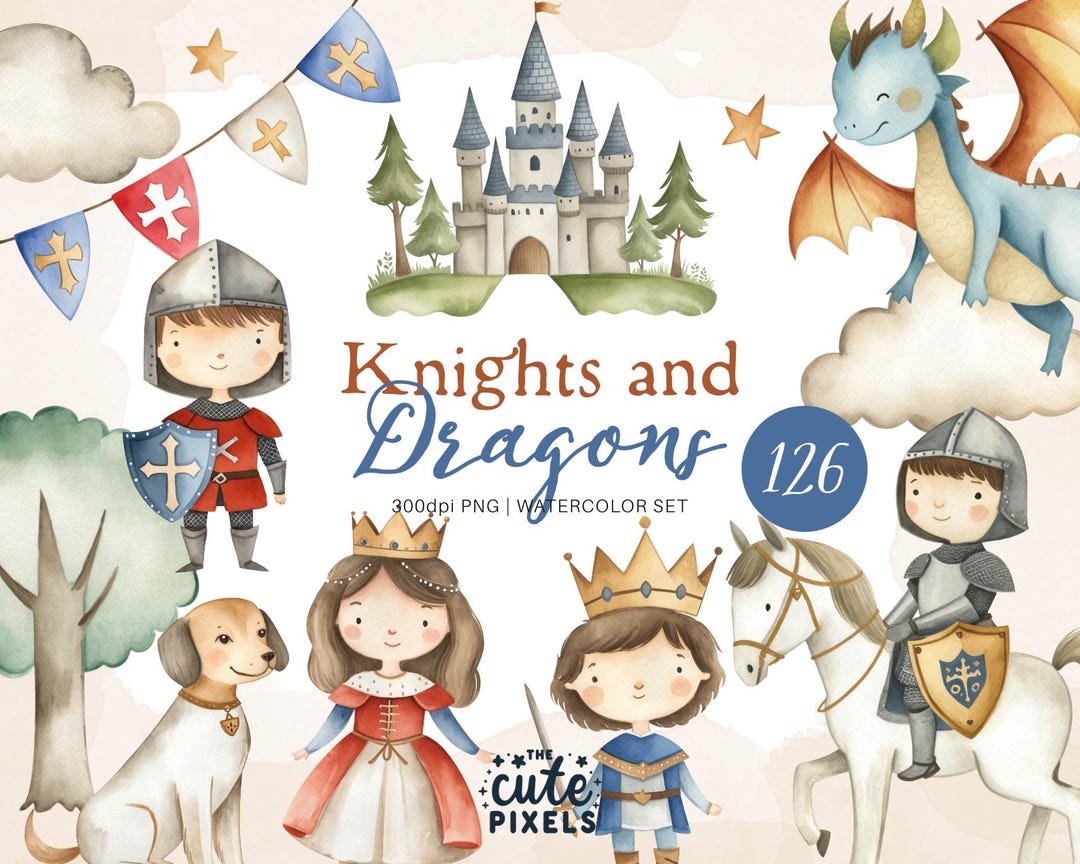 Knight and Dragon Watercolor Clipart, Castle Fairy Tale Dragons King ...