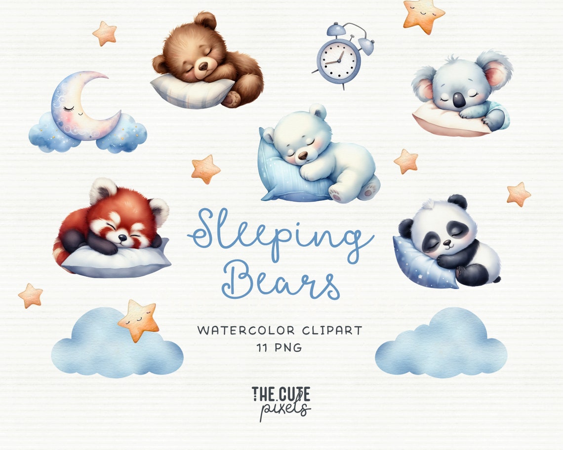 Cute Sleeping Bears Clipart Watercolor Baby Shower Clipart - Etsy