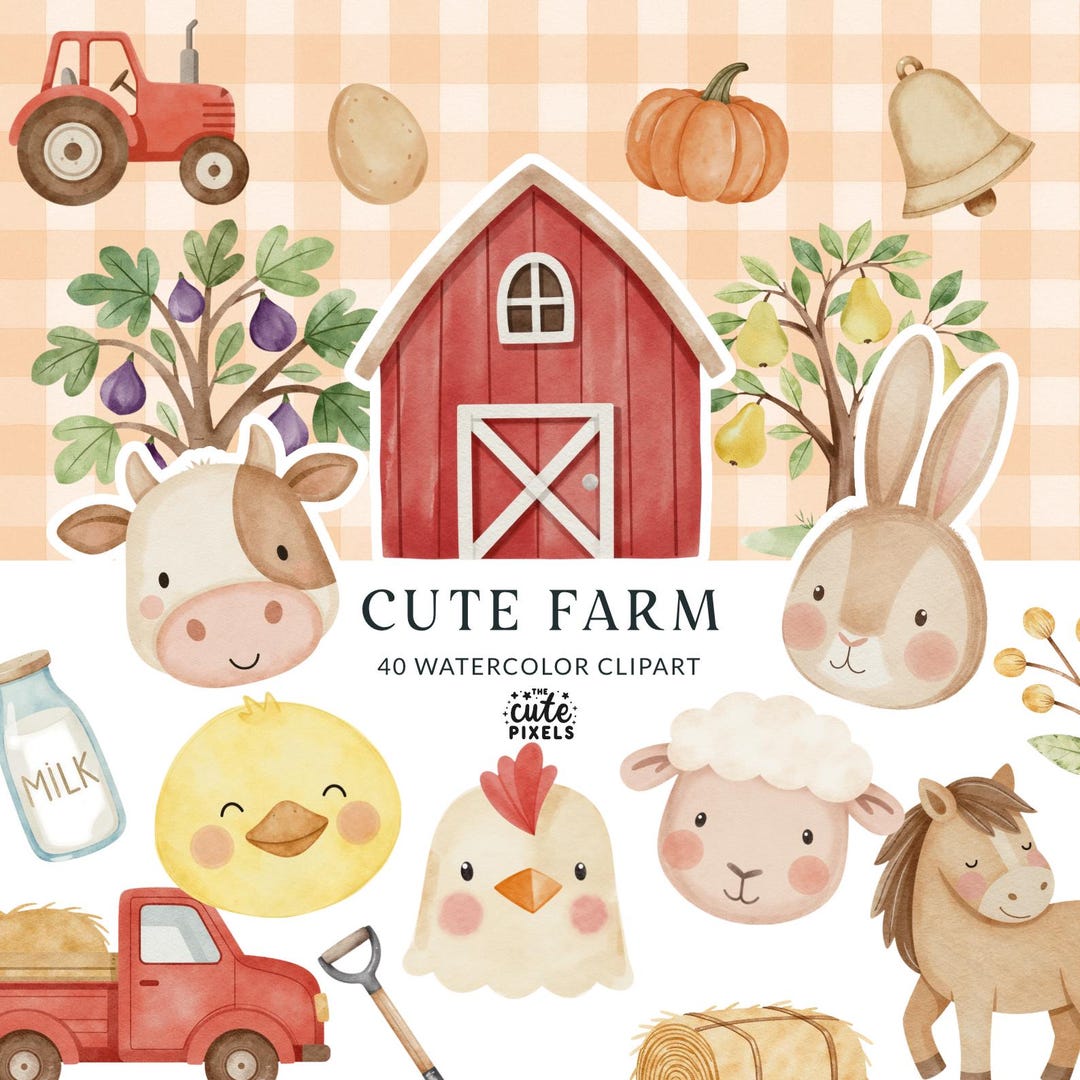 Farm Animal Birthday Watercolor Clipart: Barnyard Party Decorations ...