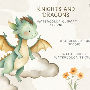 Knight and Dragon Watercolor Clipart, Castle Fairy Tale Dragons King ...