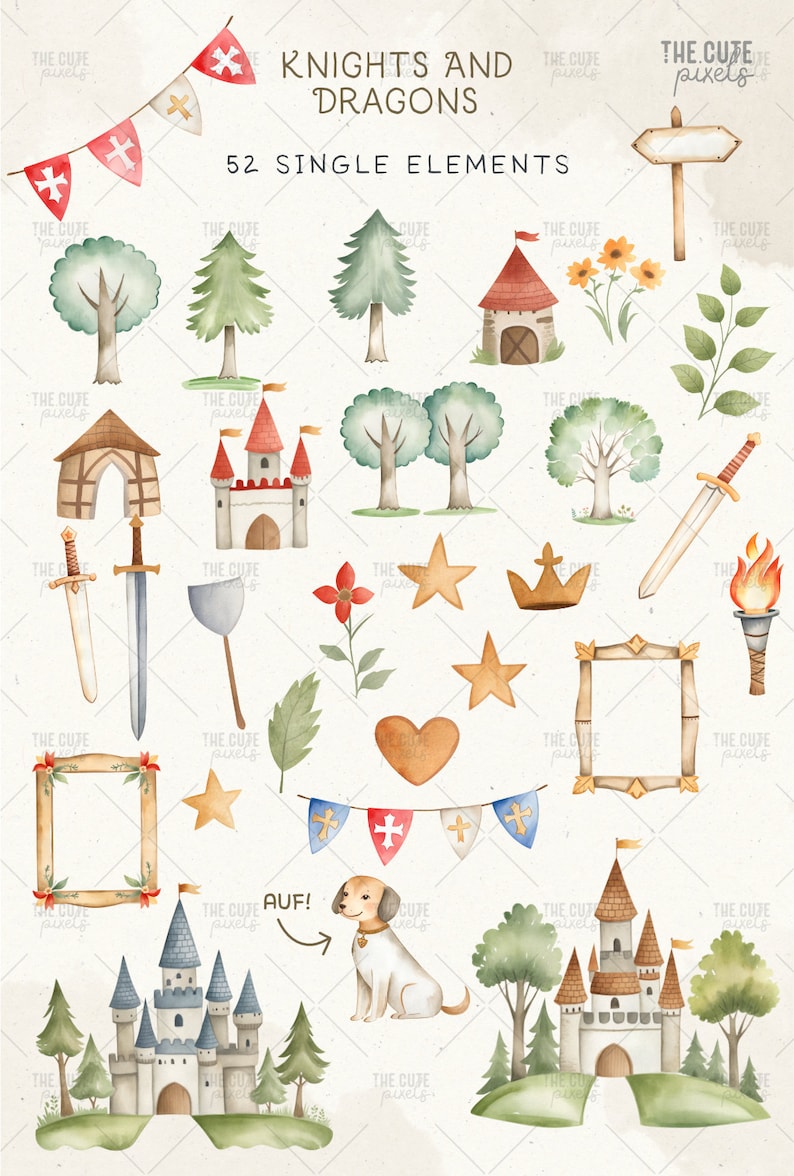 Knight and Dragon Watercolor Clipart, Castle Fairy Tale Dragons King ...