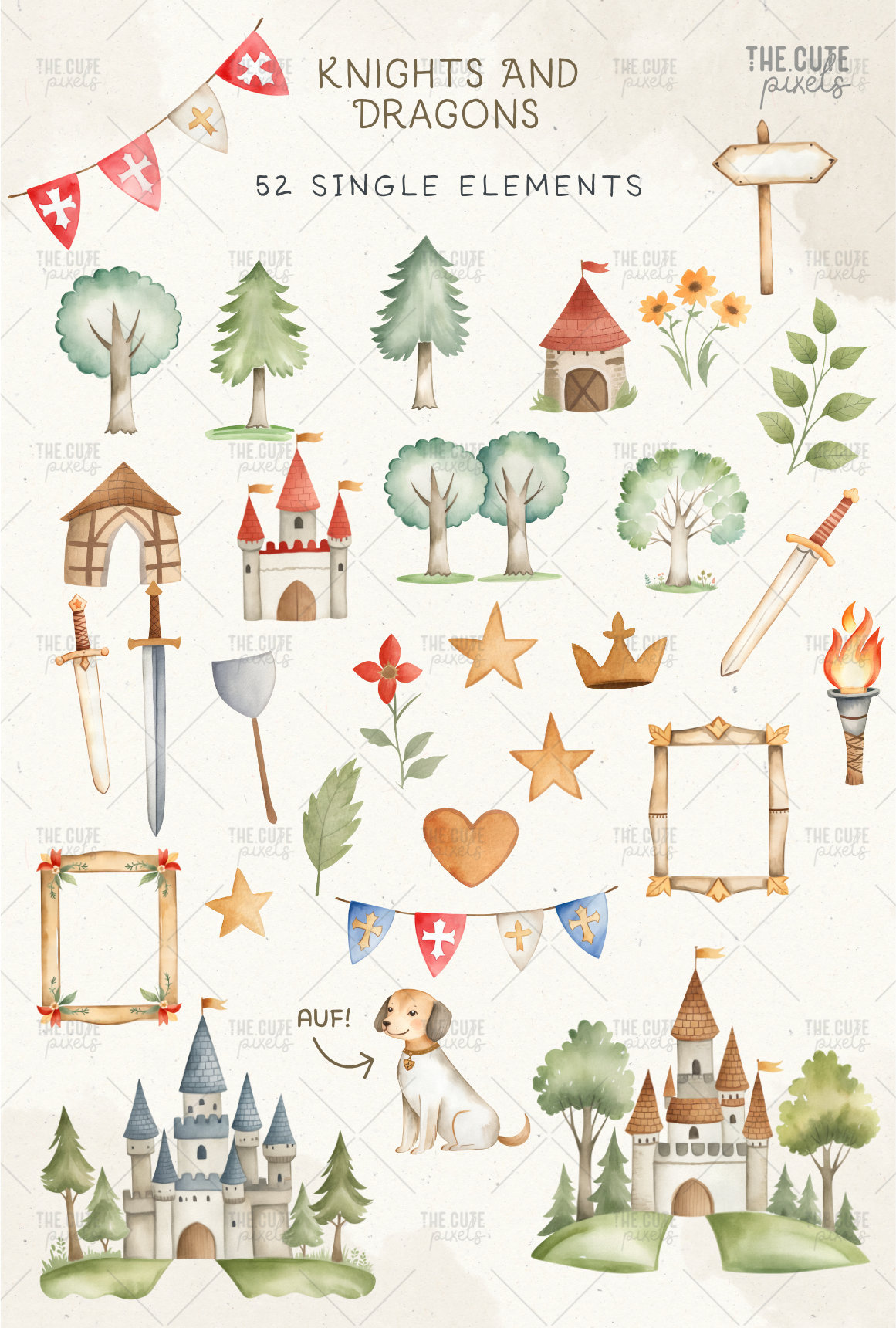 Knight and Dragon Watercolor Clipart, Castle Fairy Tale Dragons King ...