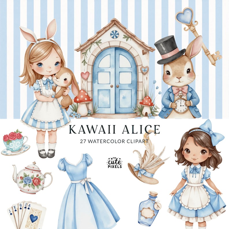 Kawaii Alice in Wonderland Clipart, Baby Alice Clip Art, Watercolor ...