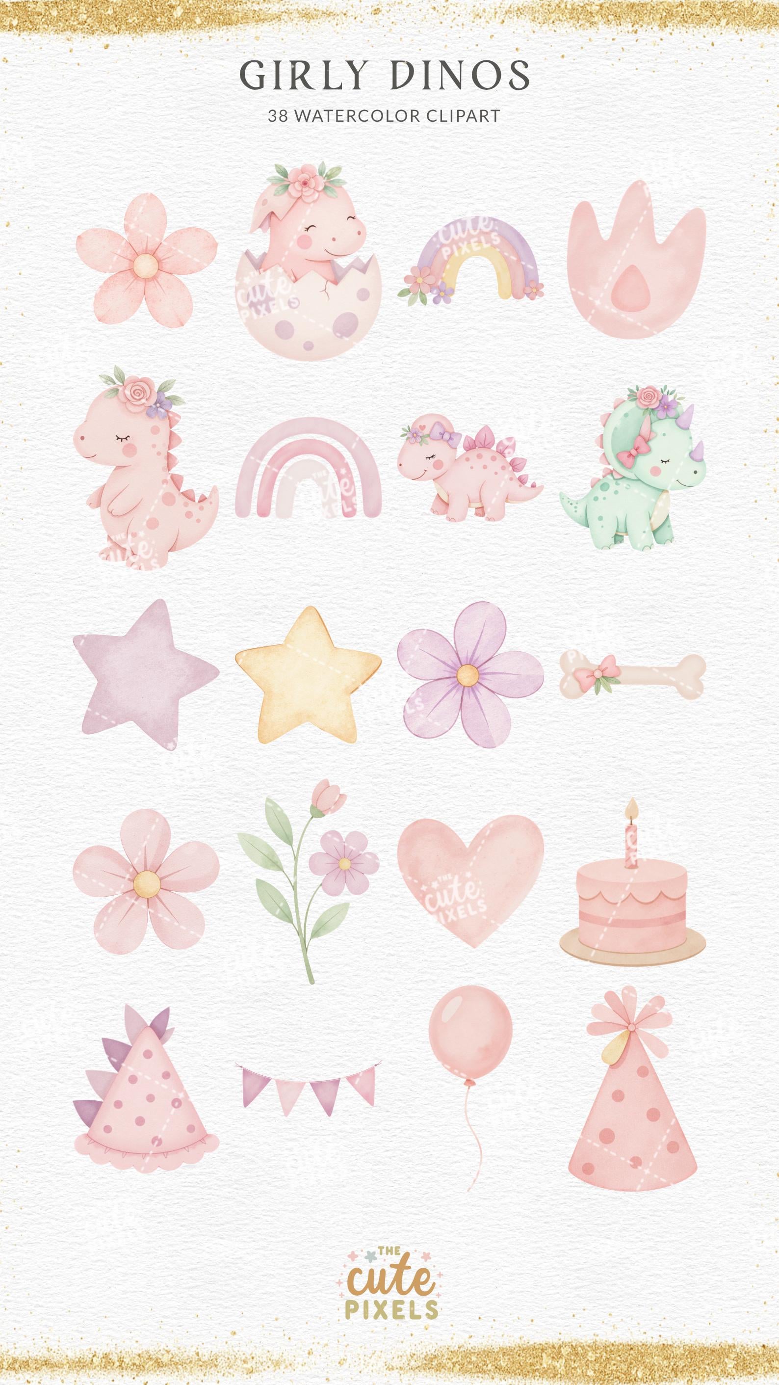 Dinosaurs Watercolor Clipart, Cute Dino PNG, Girly Dinosaur Baby Shower ...