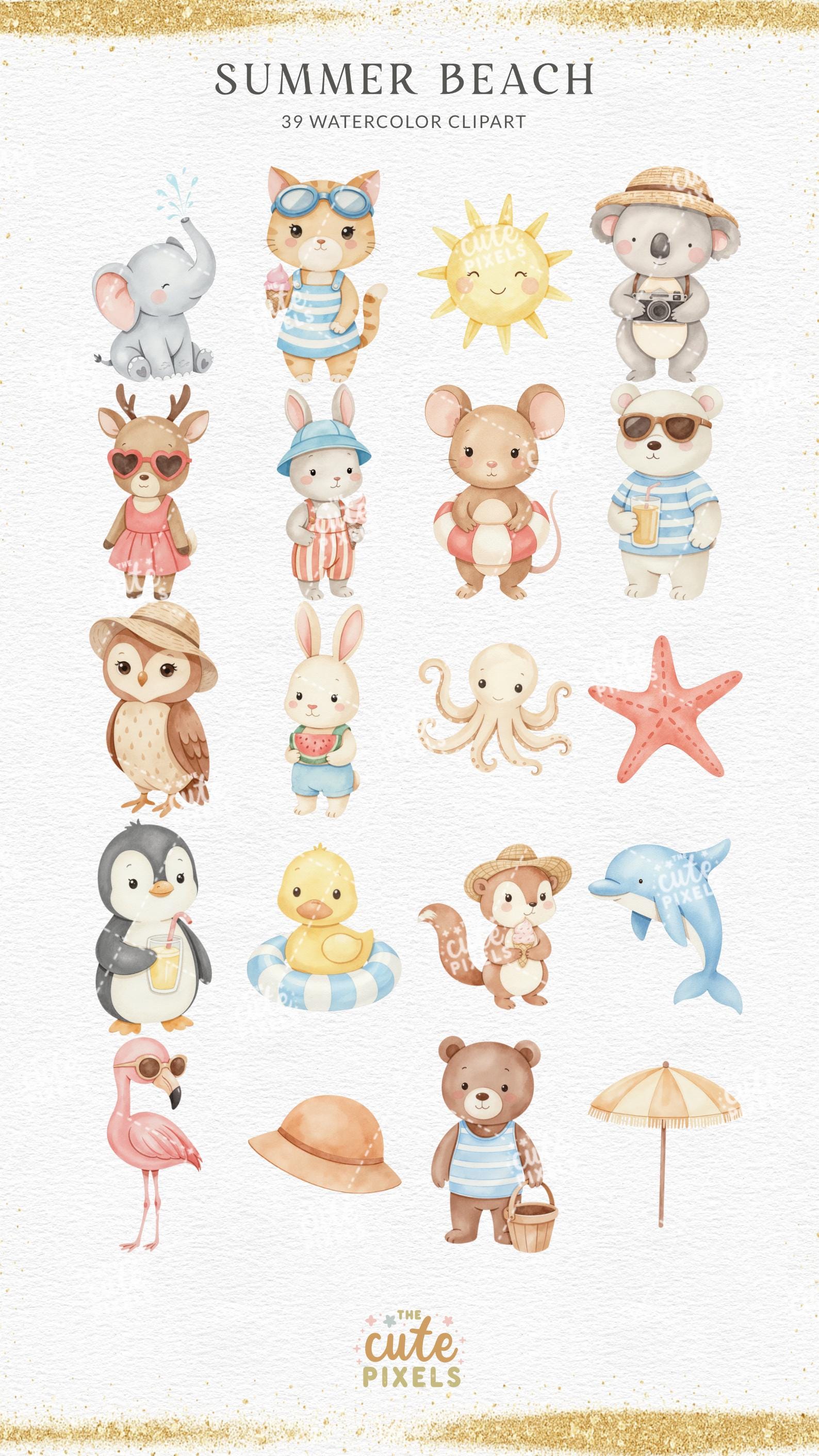 Beach Summer Clipart, Cute Beach Animals, Ocean Nursery Clipart, Baby ...