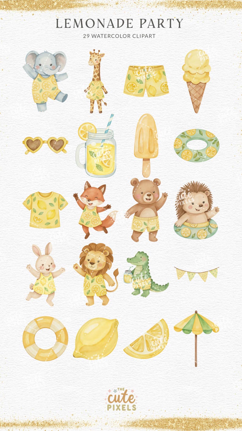 Lemonade Citrus Summer Clipart, Cute Animals Party, Summer Animals ...
