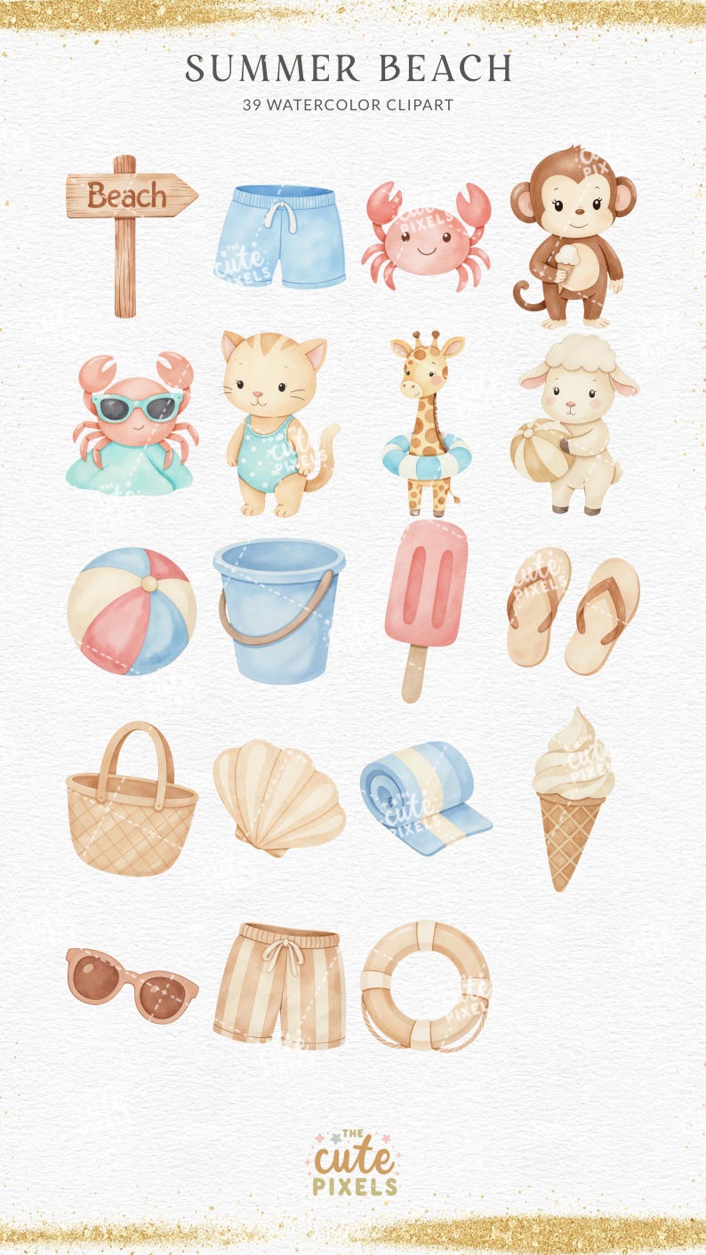 Beach Summer Clipart, Cute Beach Animals, Ocean Nursery Clipart, Baby ...
