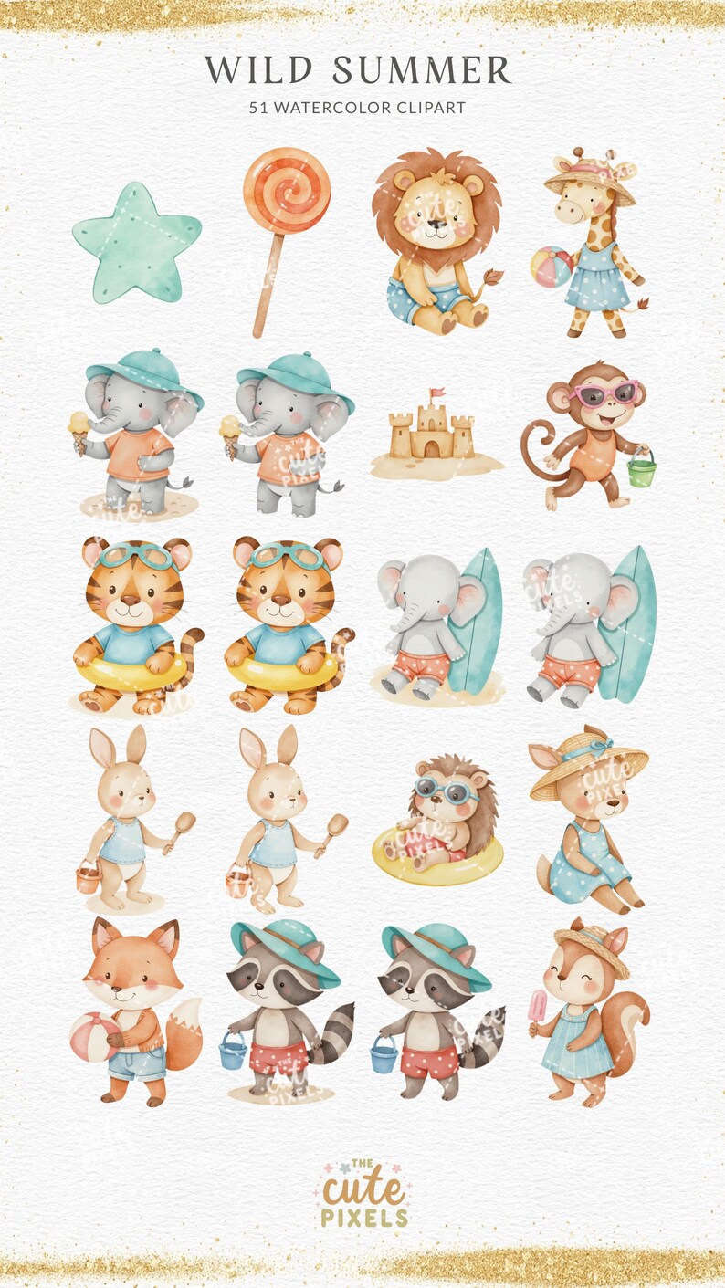 Wild Beach Summer Clipart, Cute Beach Animals, Ocean Nursery Clipart ...