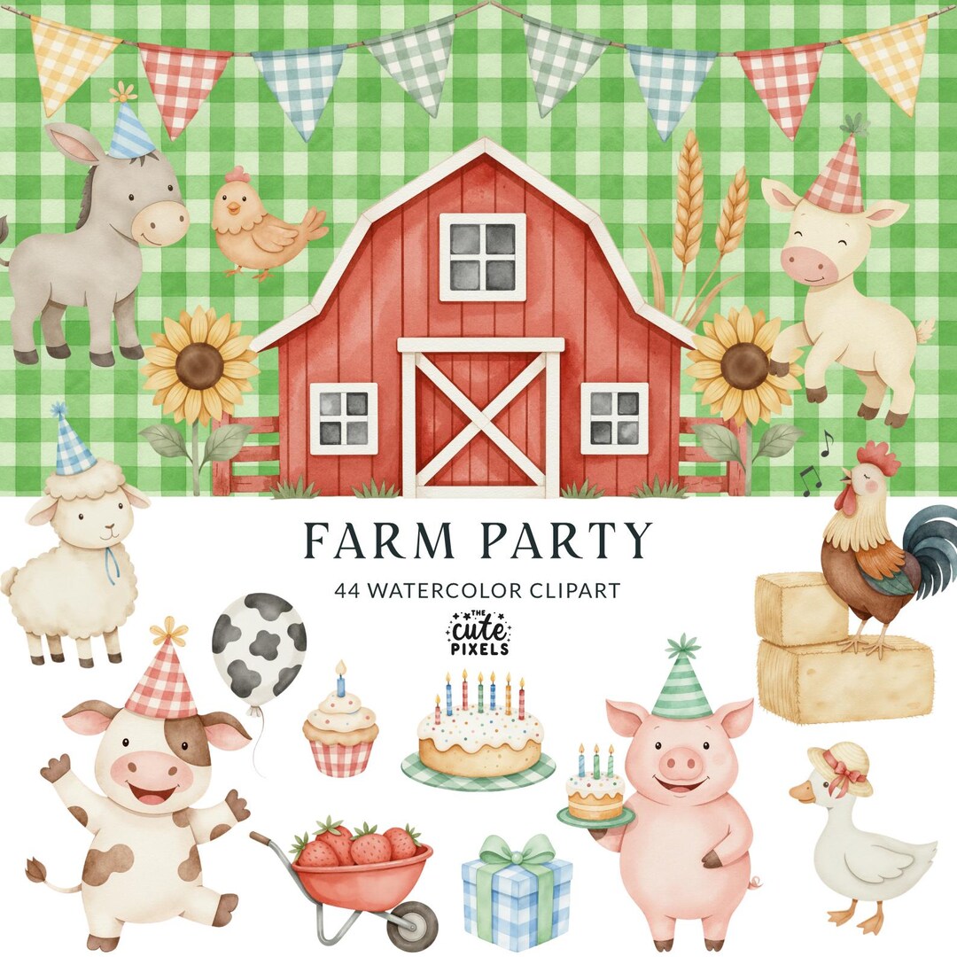 Farm Animal Birthday, Barnyard Birthday, Farm Baby Shower Clipart, Cute ...