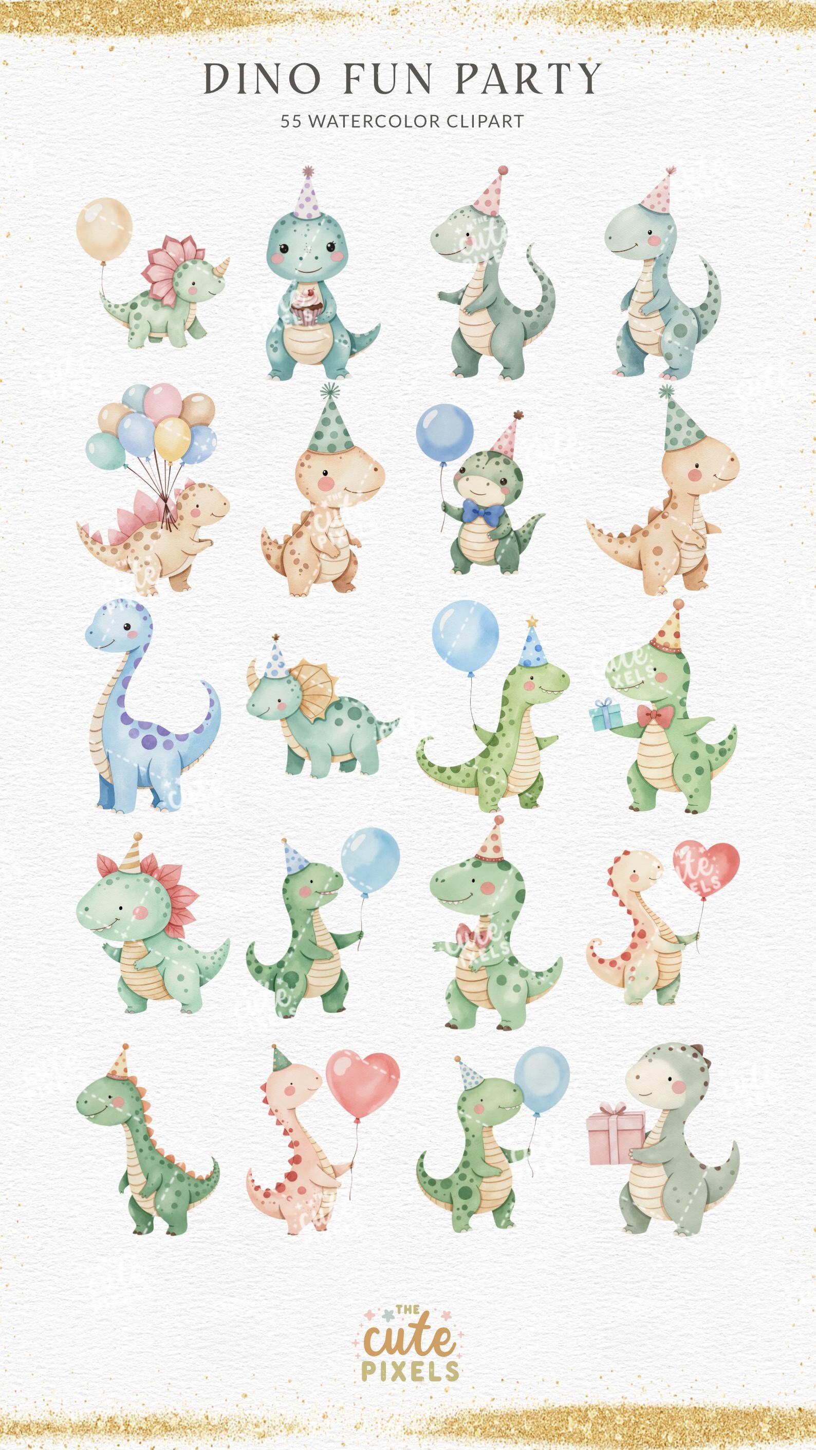 Dino Birthday Watercolor, Cute Dinosaur Party Clipart, Jurassic World ...