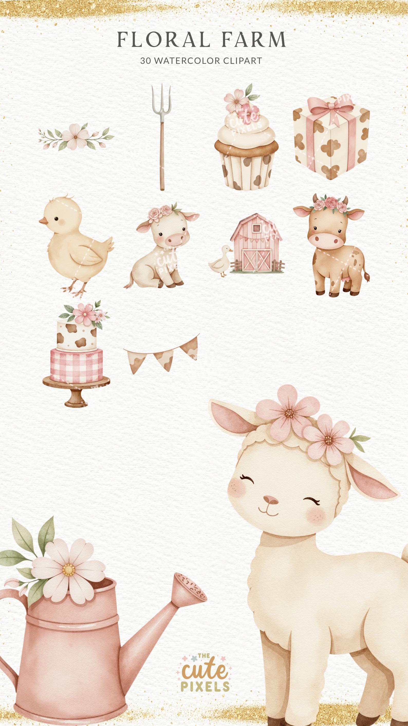 Floral Farm Clipart, Pink Farm Clipart, Cute Farm Animals PNG, Barnyard ...