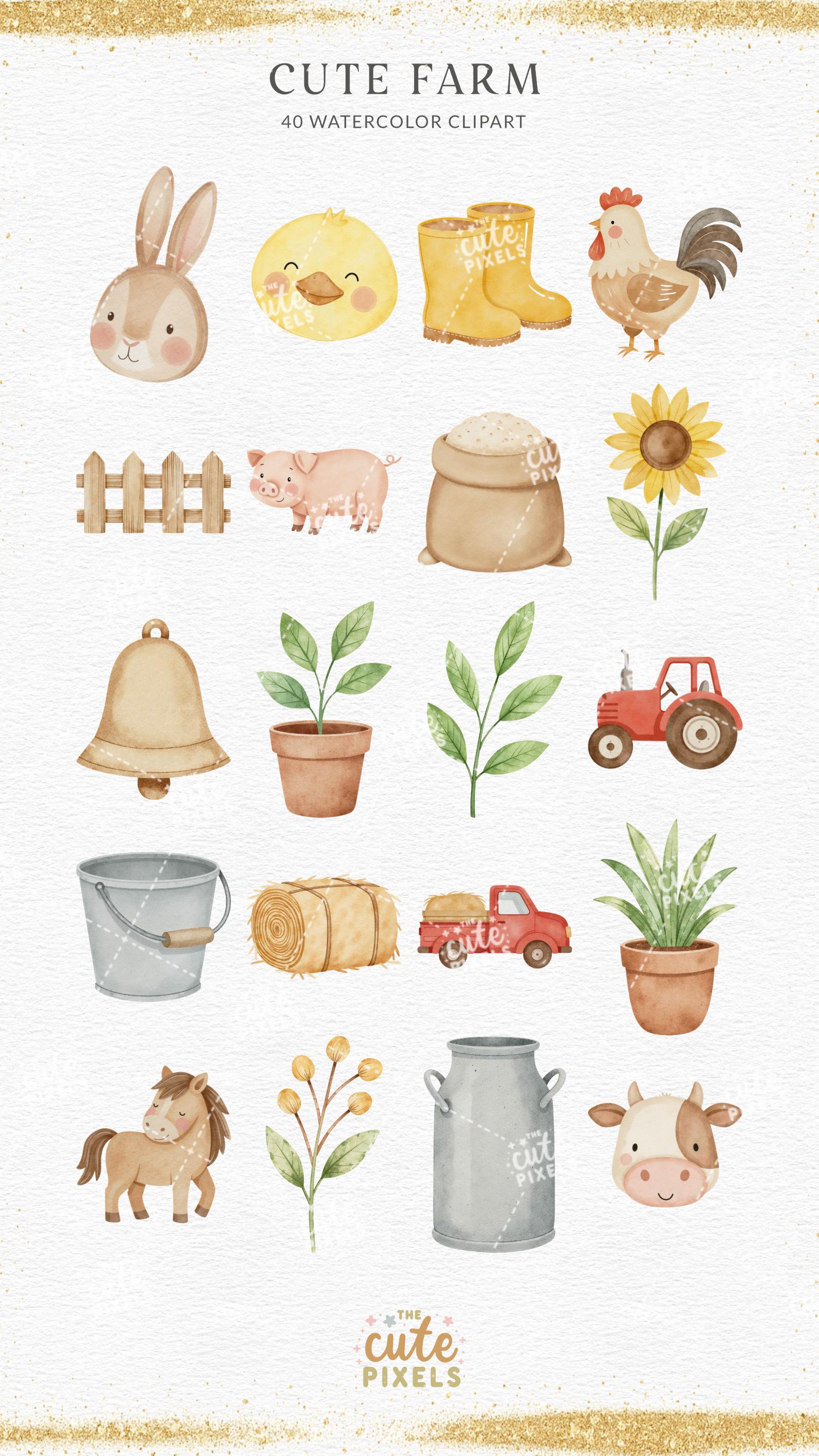 Farm Animal Birthday Watercolor Clipart: Barnyard Party Decorations ...