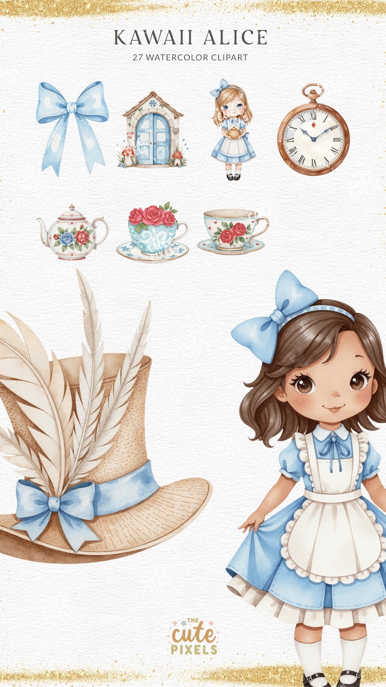 Kawaii Alice in Wonderland Clipart, Baby Alice Clip Art, Watercolor ...