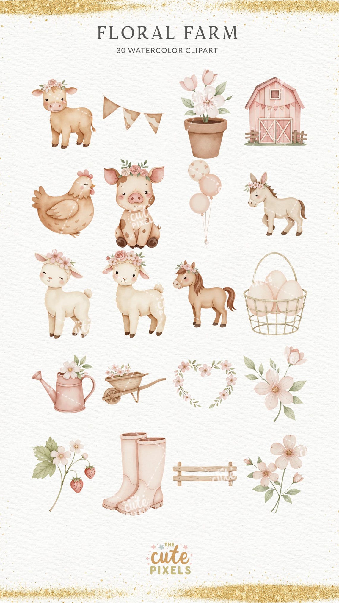 Floral Farm Clipart, Pink Farm Clipart, Cute Farm Animals PNG, Barnyard ...