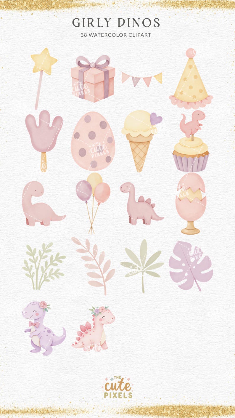 Dinosaurs Watercolor Clipart, Cute Dino PNG, Girly Dinosaur Baby Shower ...