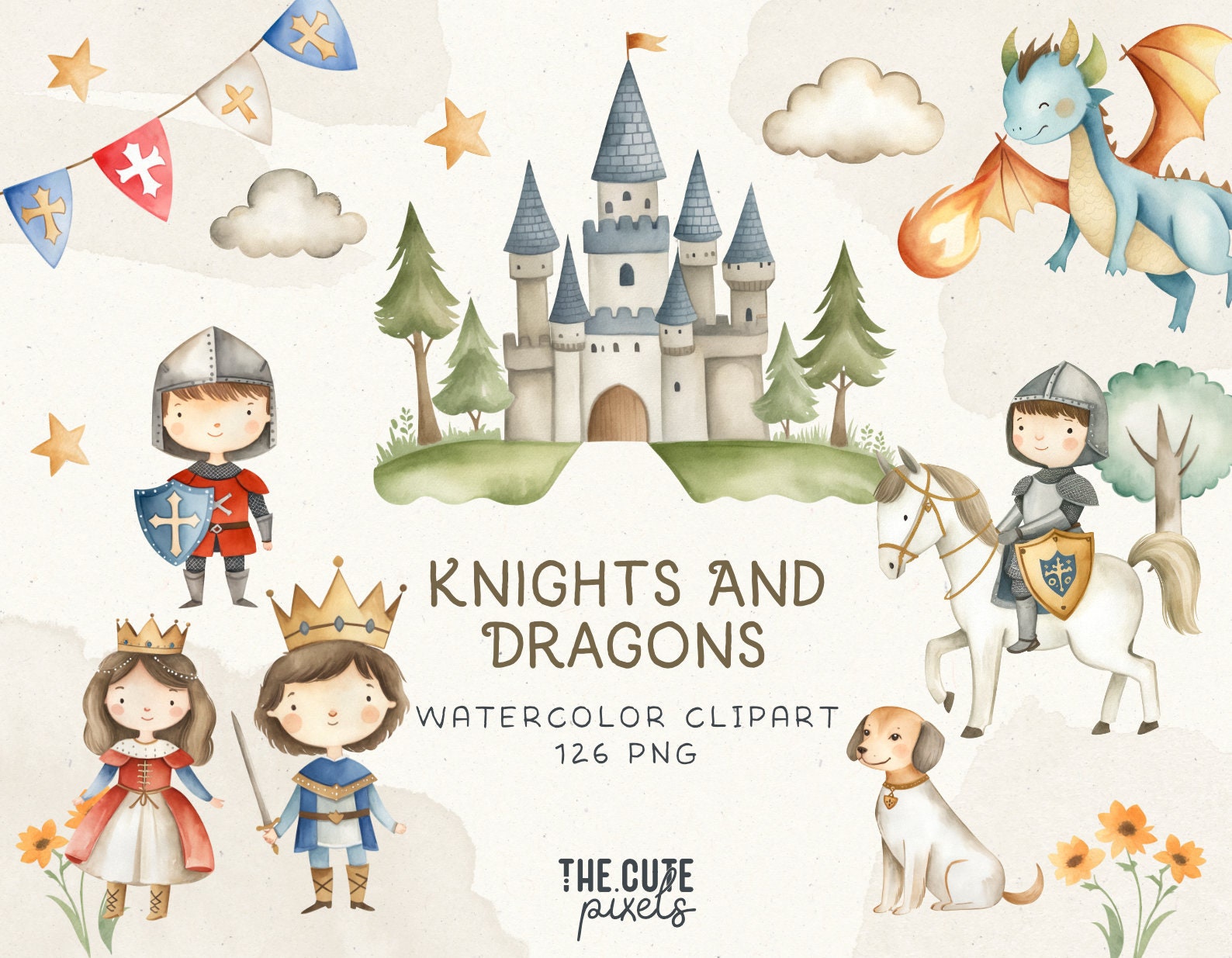 Knight and Dragon Watercolor Clipart, Castle Fairy Tale Dragons King ...