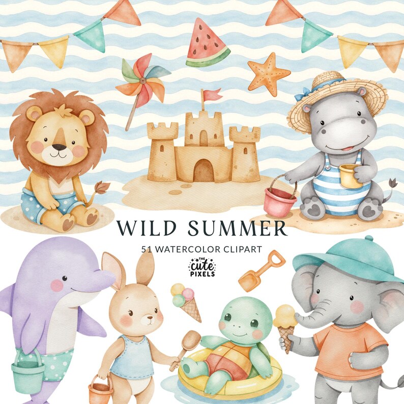 Wild Beach Summer Clipart, Cute Beach Animals, Ocean Nursery Clipart ...