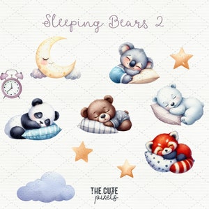 Cute Sleeping Bears Clipart Watercolor Baby Shower Clipart - Etsy