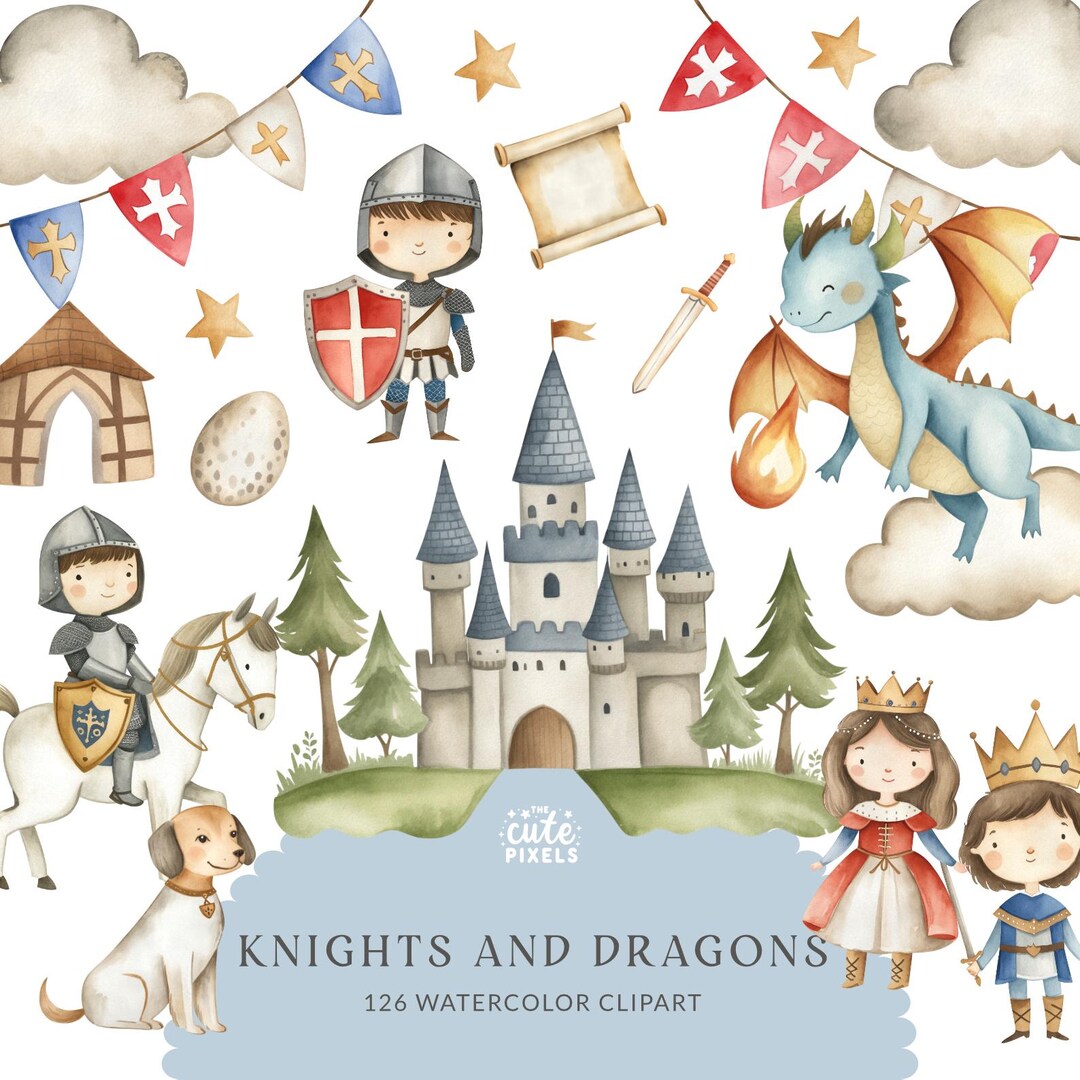 Knight and Dragon Watercolor Clipart, Castle Fairy Tale Dragons King ...