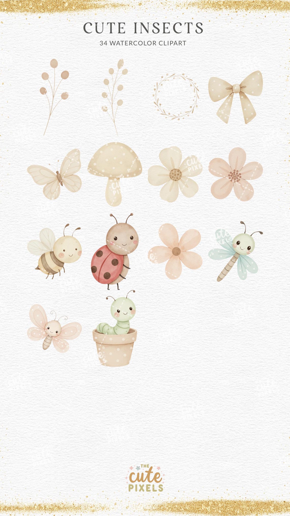 Cute Insects Clipart Bundle, Love Bugs PNG, Spring Garden Creatures ...