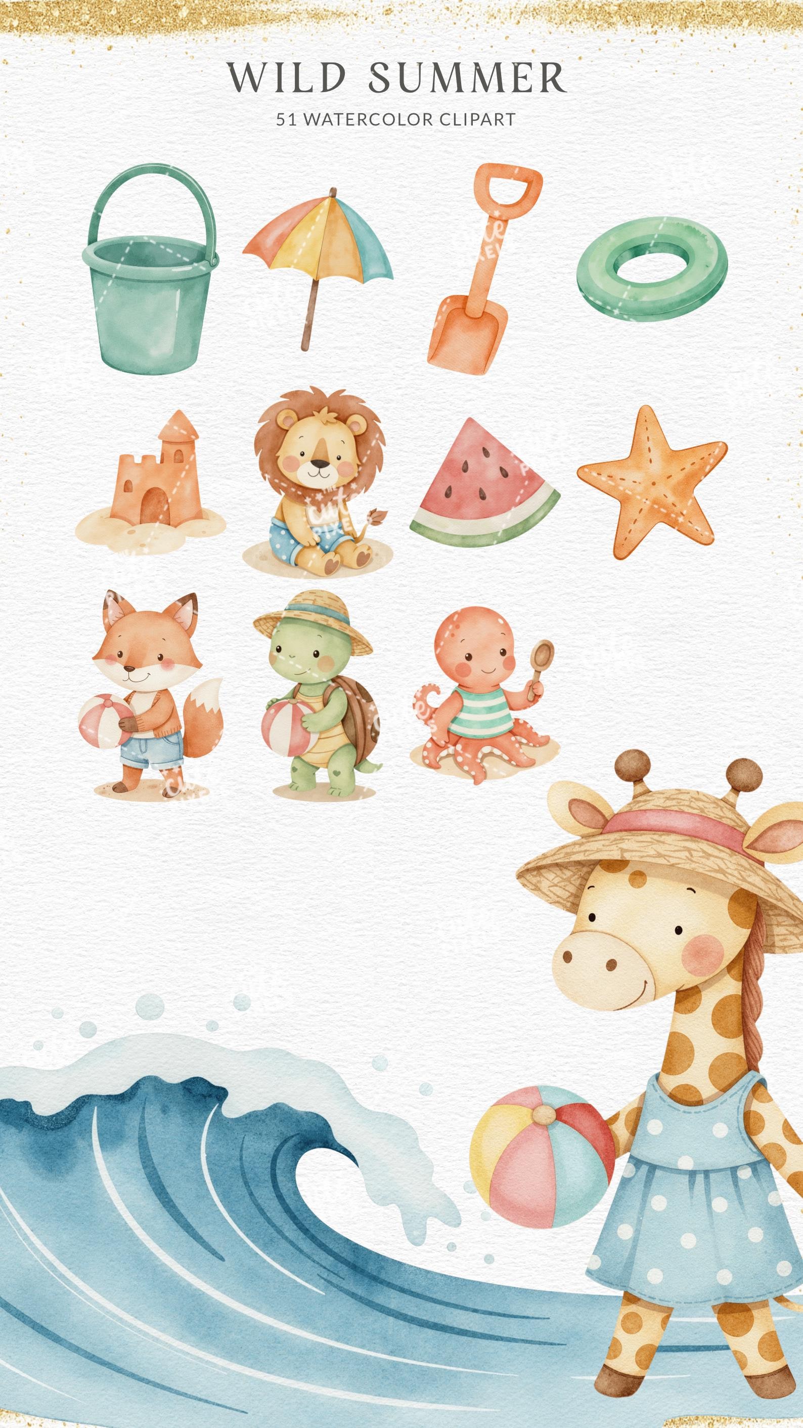 Wild Beach Summer Clipart, Cute Beach Animals, Ocean Nursery Clipart ...