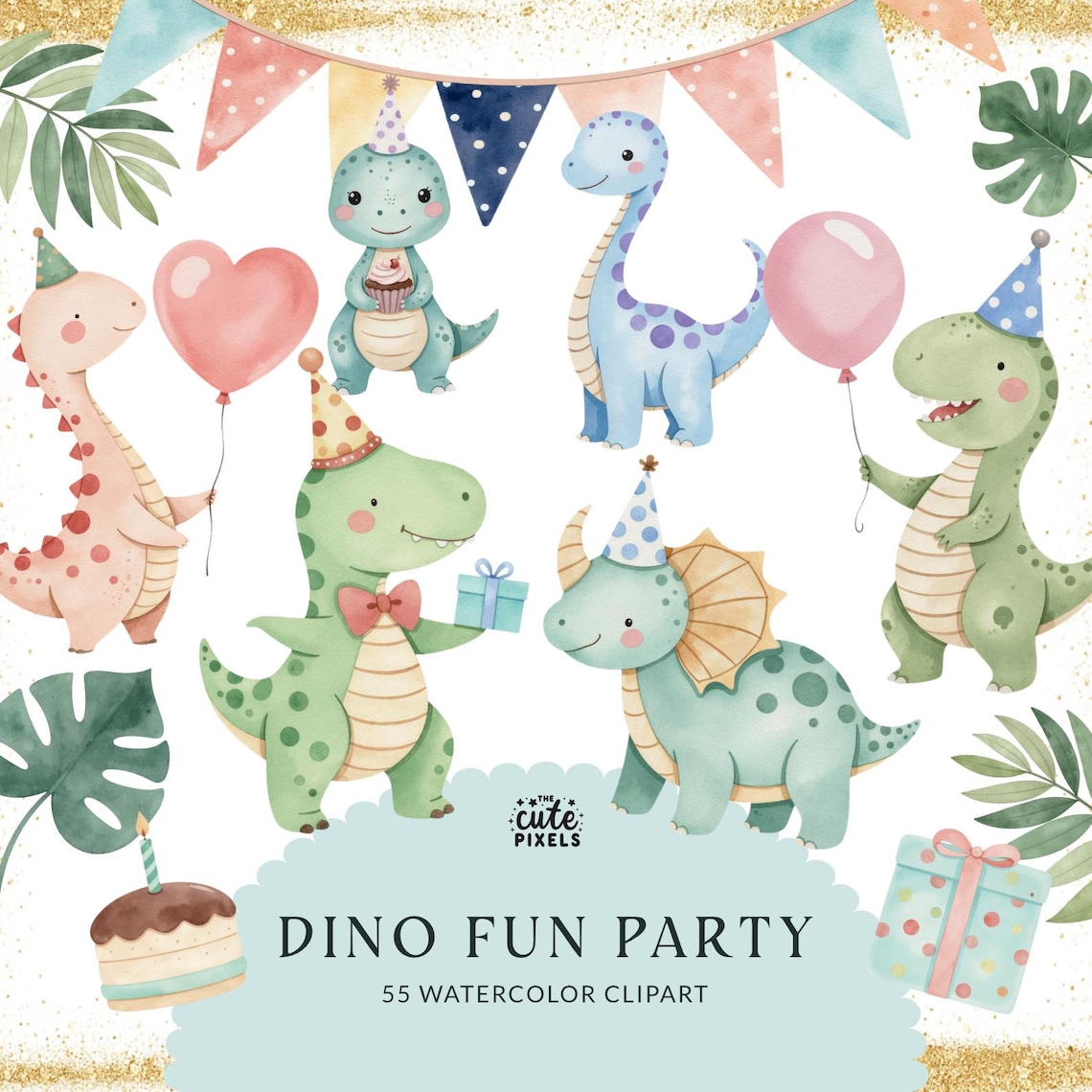 Dino Birthday Watercolor, Cute Dinosaur Party Clipart, Jurassic World ...