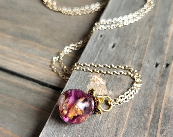 Garnet Rose Bud Orb Resin Necklace- 18 Karat Gold Necklace Chain- Real ...