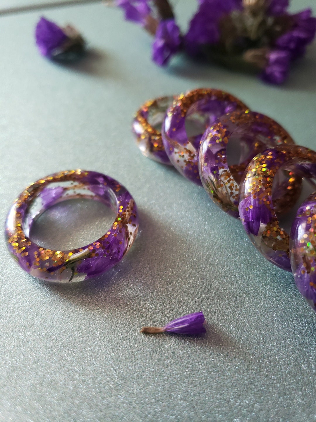Purple Dried Flower Ring- Real Dried Flower Petals Ring- Stacking Rings ...