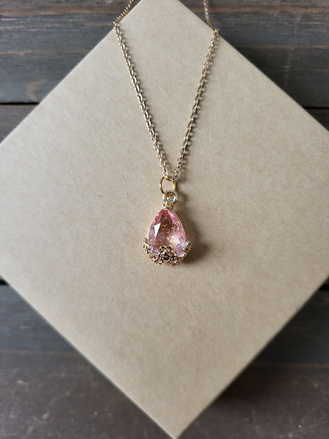 Gold Pink Caged Crystal Necklace Crystal Necklace 18k Gold Necklace ...