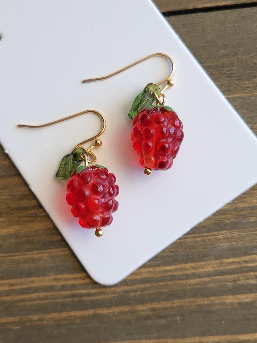 Red Raspberry Earrings- Handmade Earrings- Glass Earrings- Rosey Red Berry Earrings- Gold ...