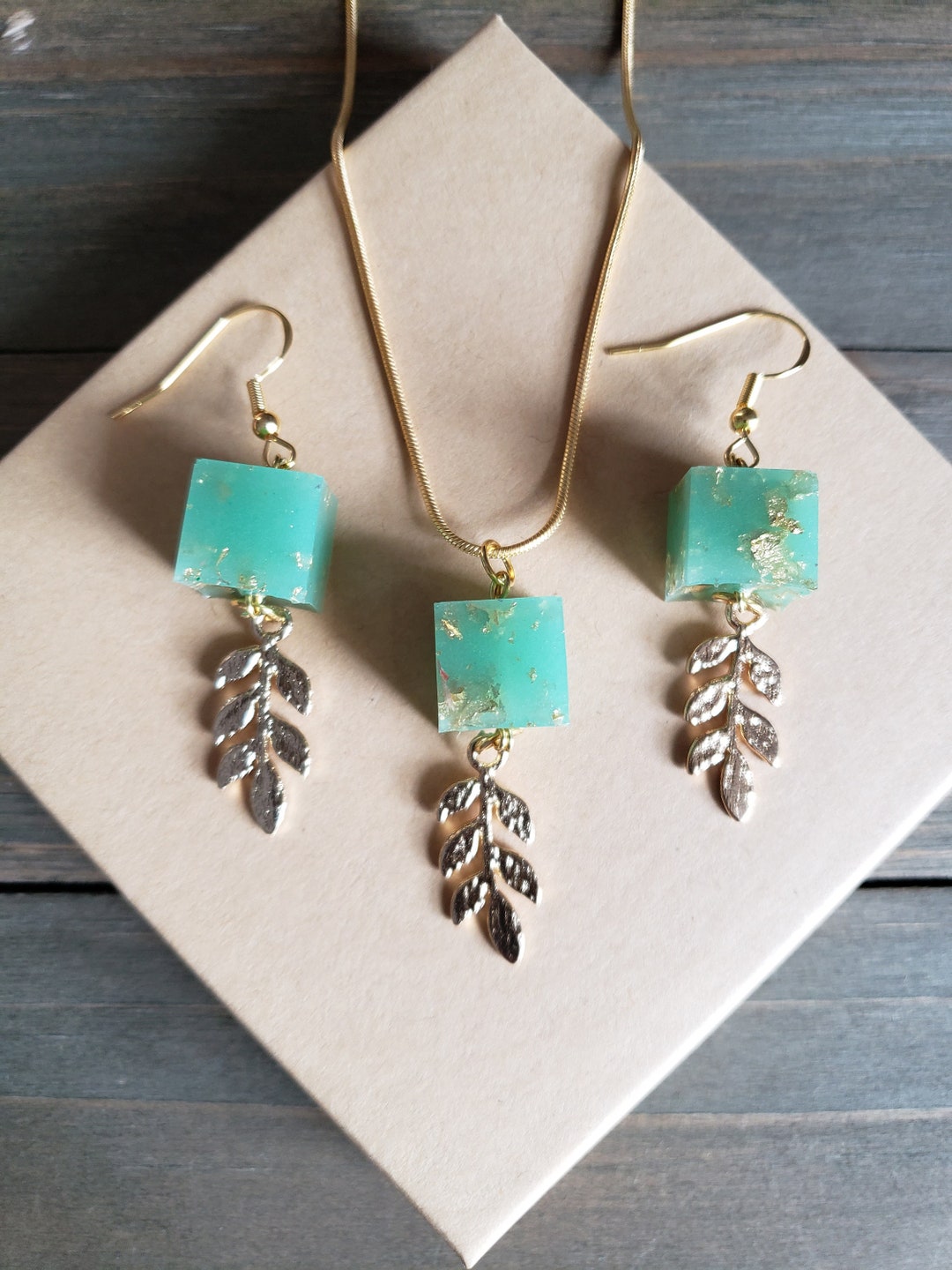 Jade Resin Cube Jewelry Set- Jewelry Sets- Necklace Earrings Set- 18 ...