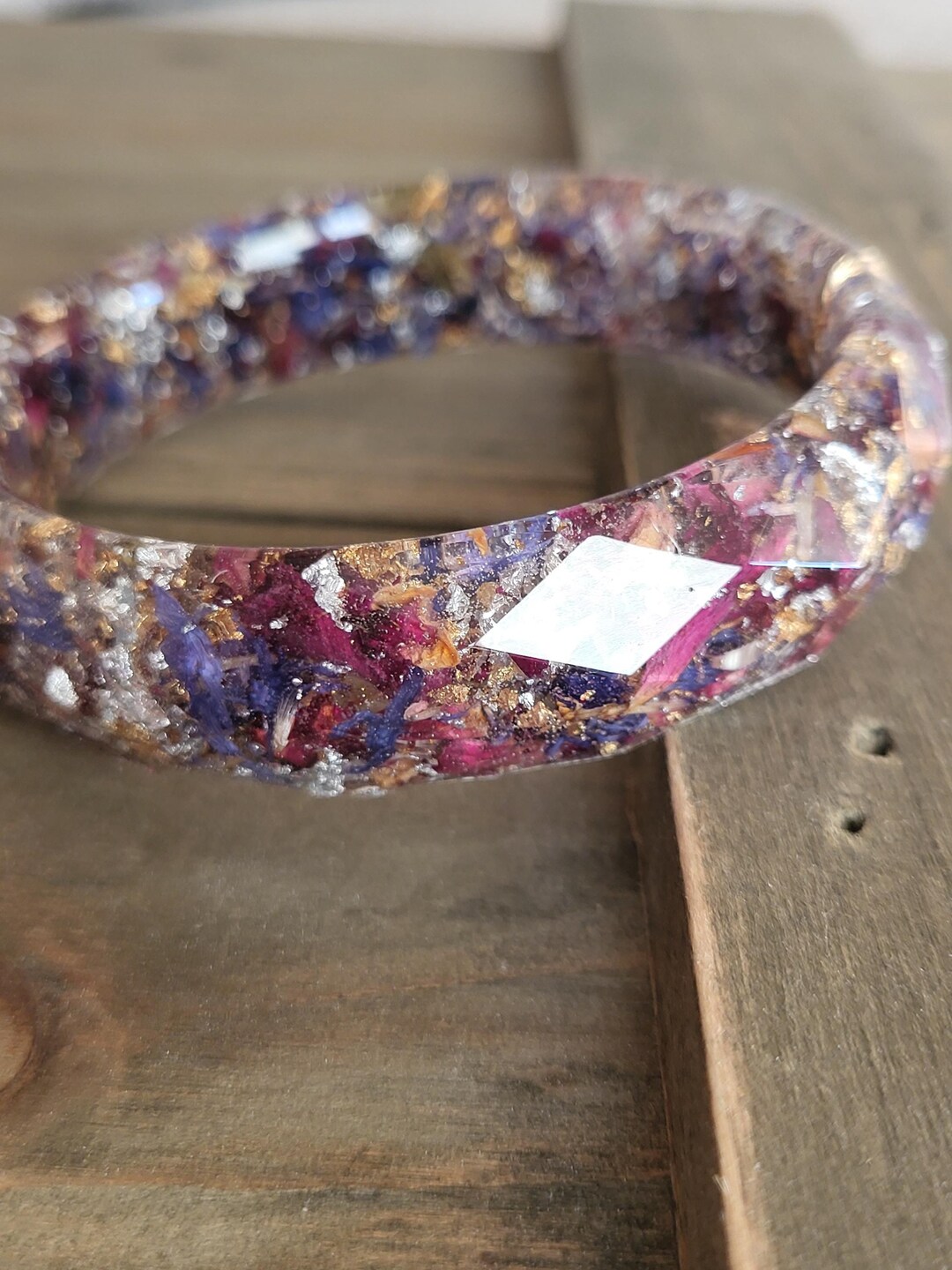 Mixed Flower Silver Gold Flake Resin Bangle- Real Gold Flake Jewelry ...