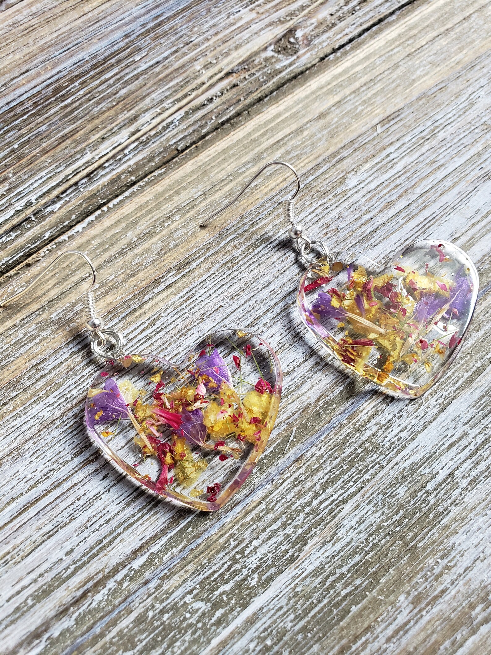 Flower Resin Heart Earrings Handmade Earrings Resin Heart | Etsy