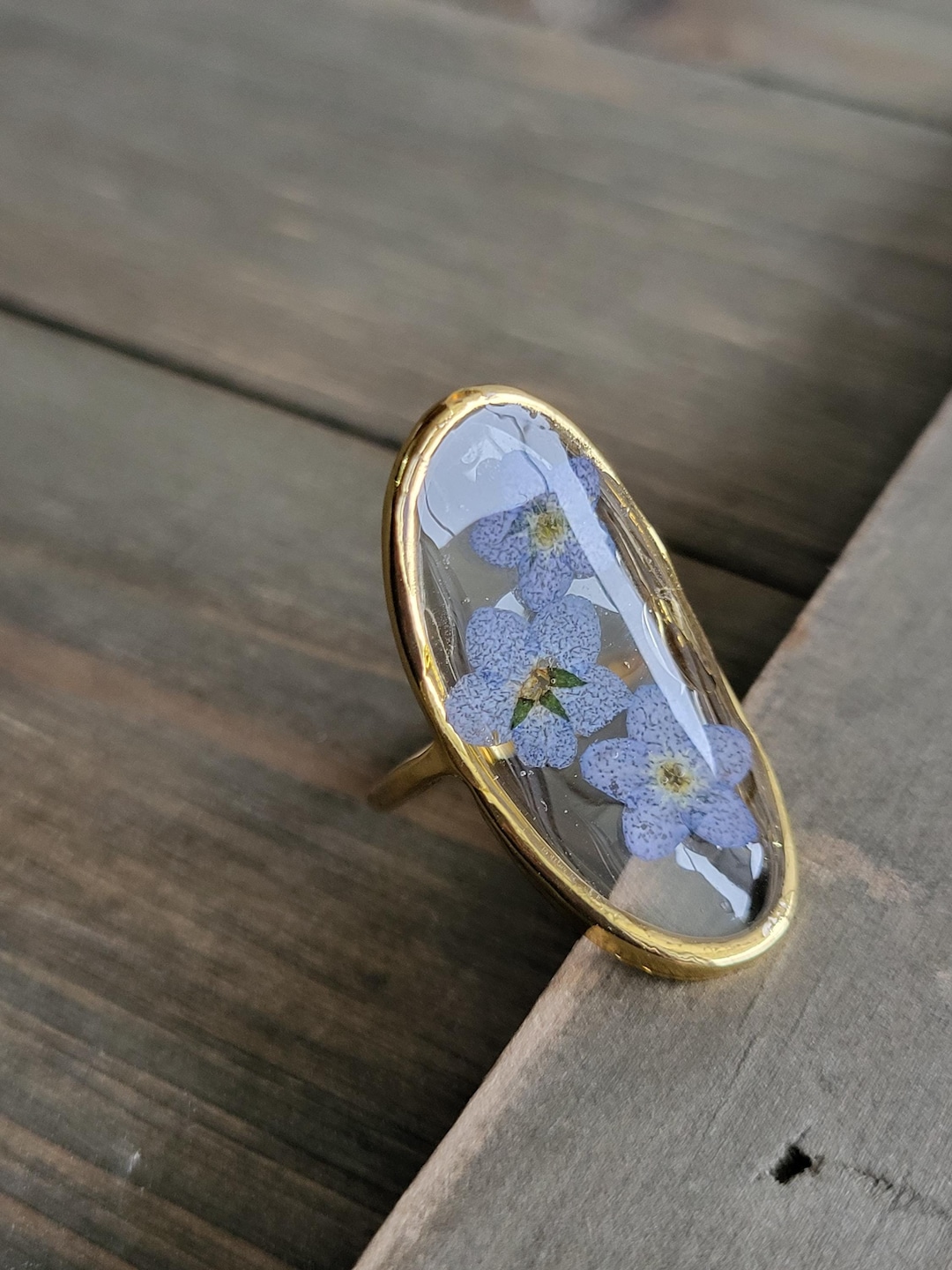 Forget Me Not Flower Resin Ring- Gold Ring- Blue Flower Rings- Dried ...