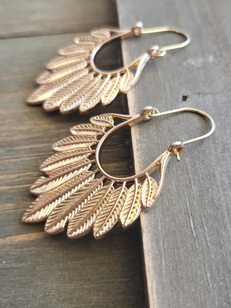 Gold Feather Bohemian Hoop Earrings- Gold Hoops- Medium Hoop Earrings ...