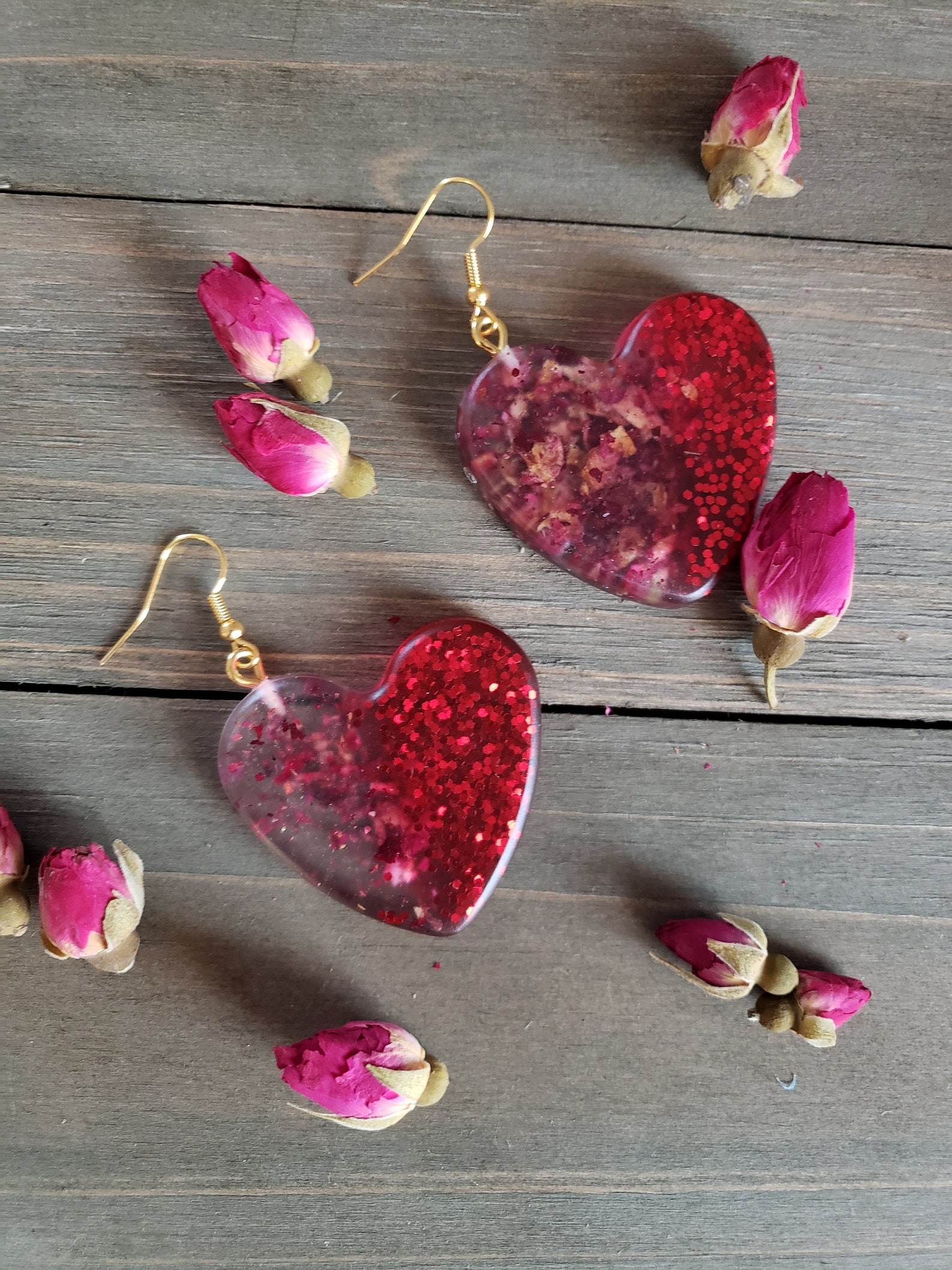Rose Petal Heart Earrings Handmade Earrings Resin Earrings | Etsy