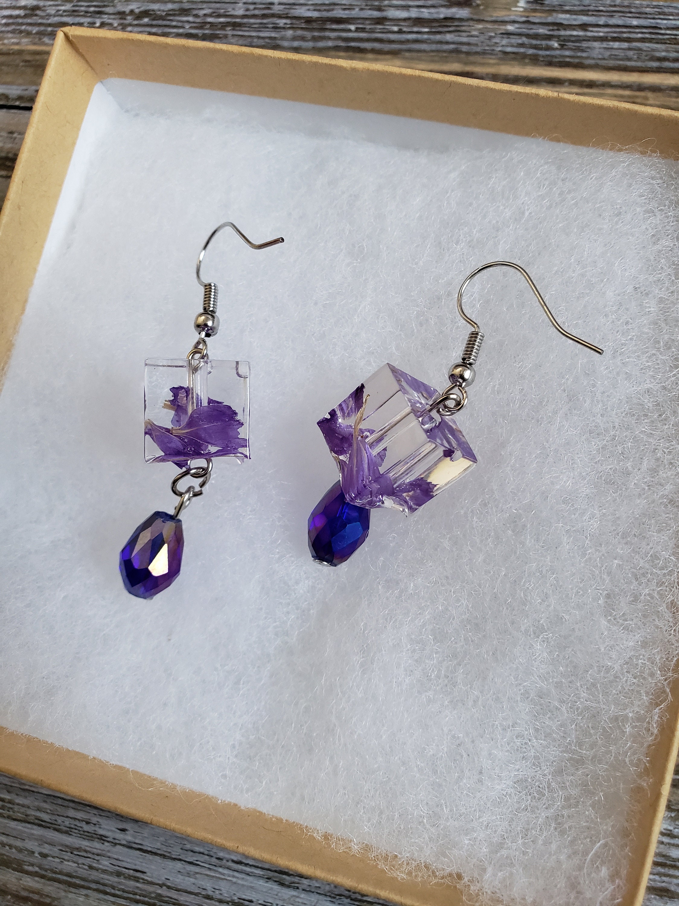 Violet Flower Cube Earrings Handmade Earrings Purple Flower | Etsy