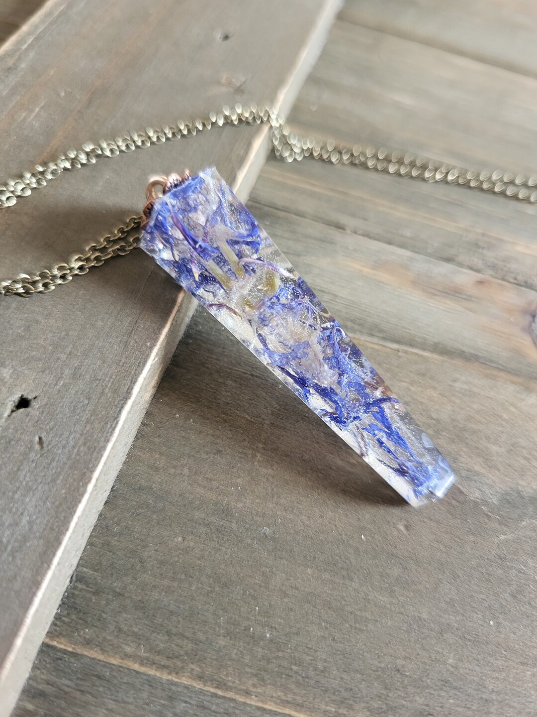 Purple Flower Pendulum Resin Necklace- Bronze Necklace Chain- Real ...