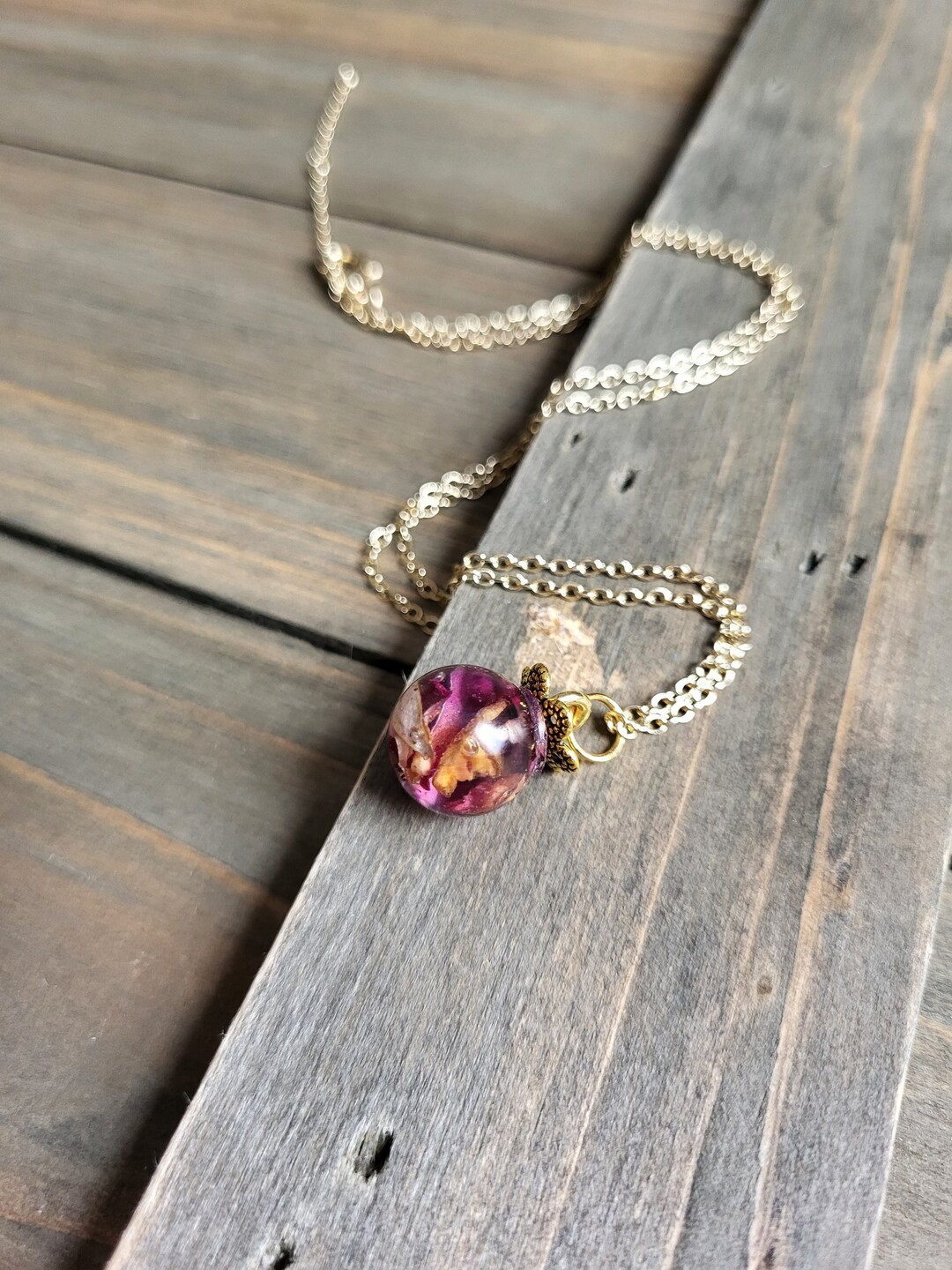 Garnet Rose Bud Orb Resin Necklace- 18 Karat Gold Necklace Chain- Real ...