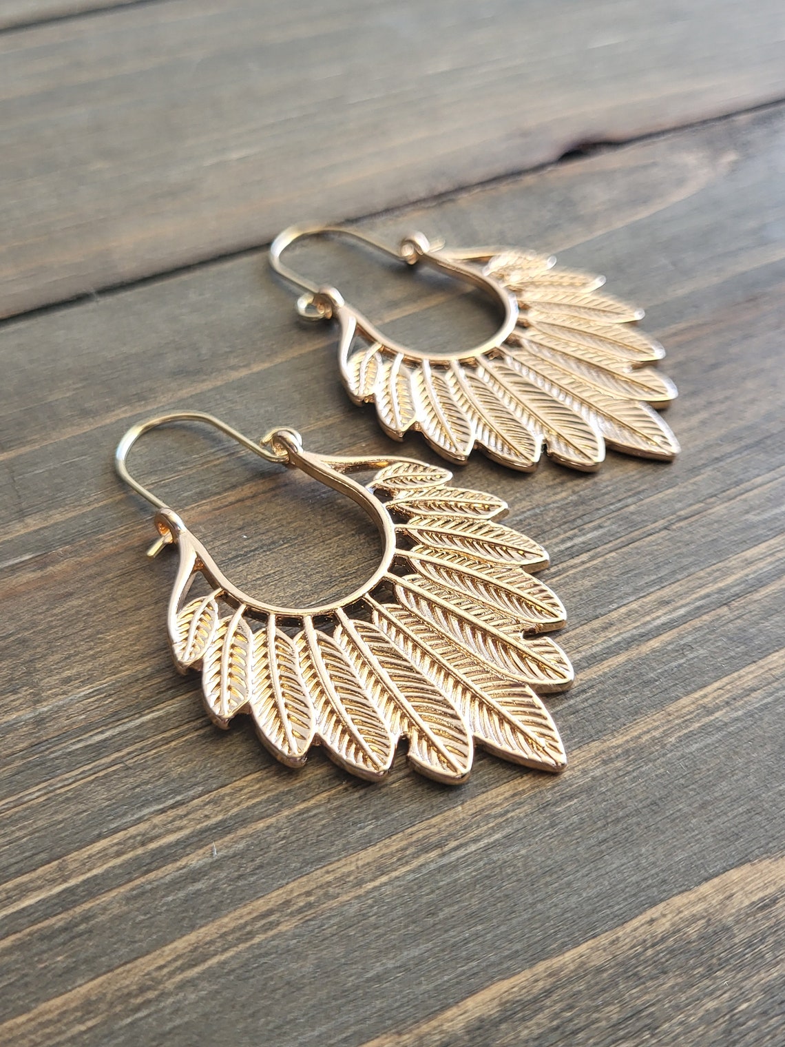 Gold Feather Bohemian Hoop Earrings- Gold Hoops- Medium Hoop Earrings ...