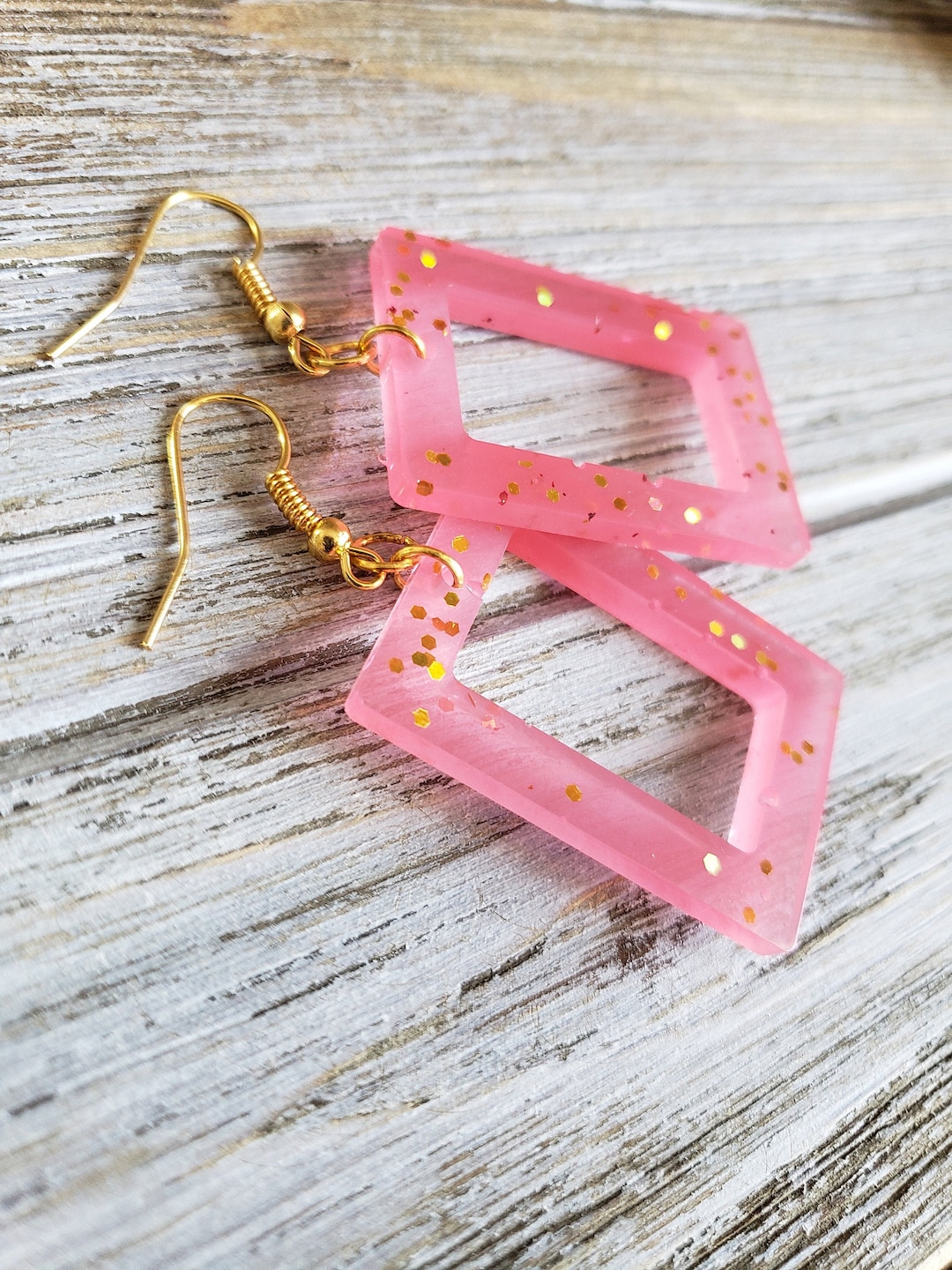 Pink Glitter Rectangle Earrings Handmade Earrings Resin Earrings ...