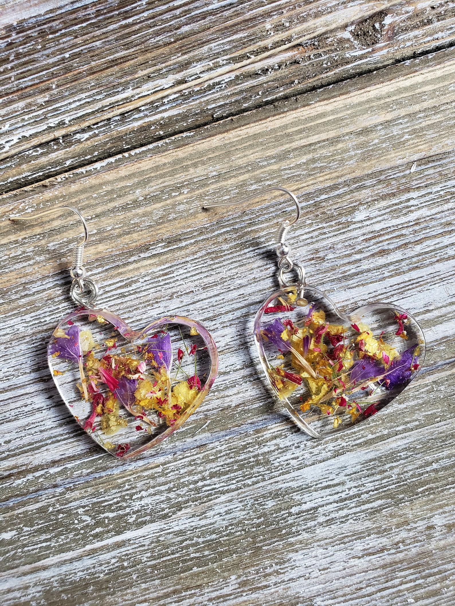 Flower Resin Heart Earrings Handmade Earrings Resin Heart | Etsy