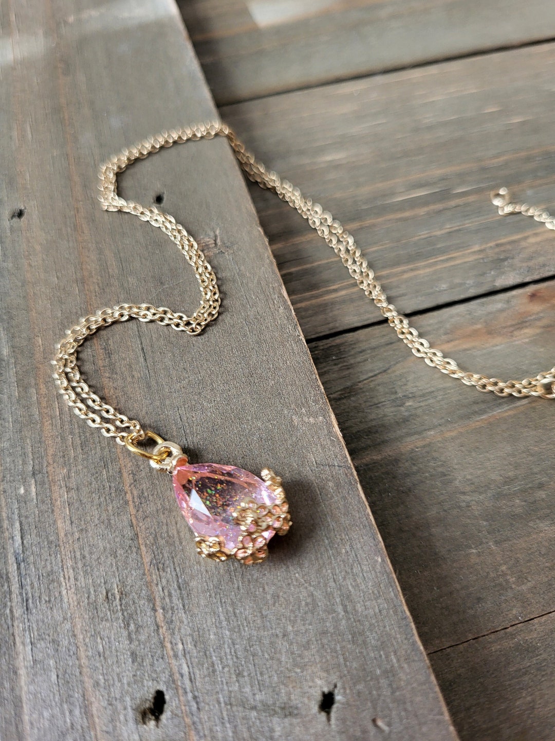 Gold Pink Caged Crystal Necklace- Crystal Necklace- 18k Gold Necklace ...